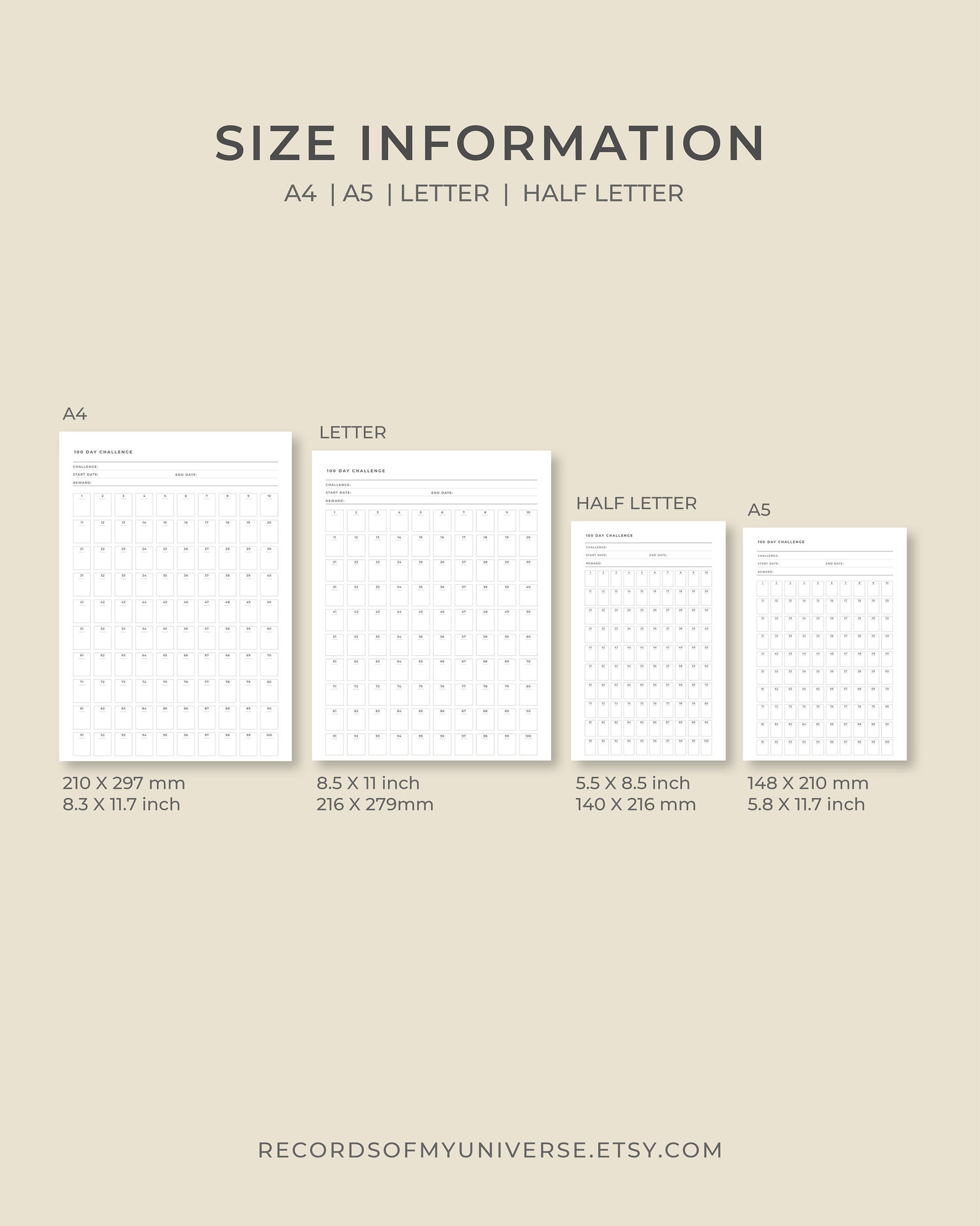 Printable & Editable 100 Day Challenge Goal Tracker | A4, A5, Letter ...