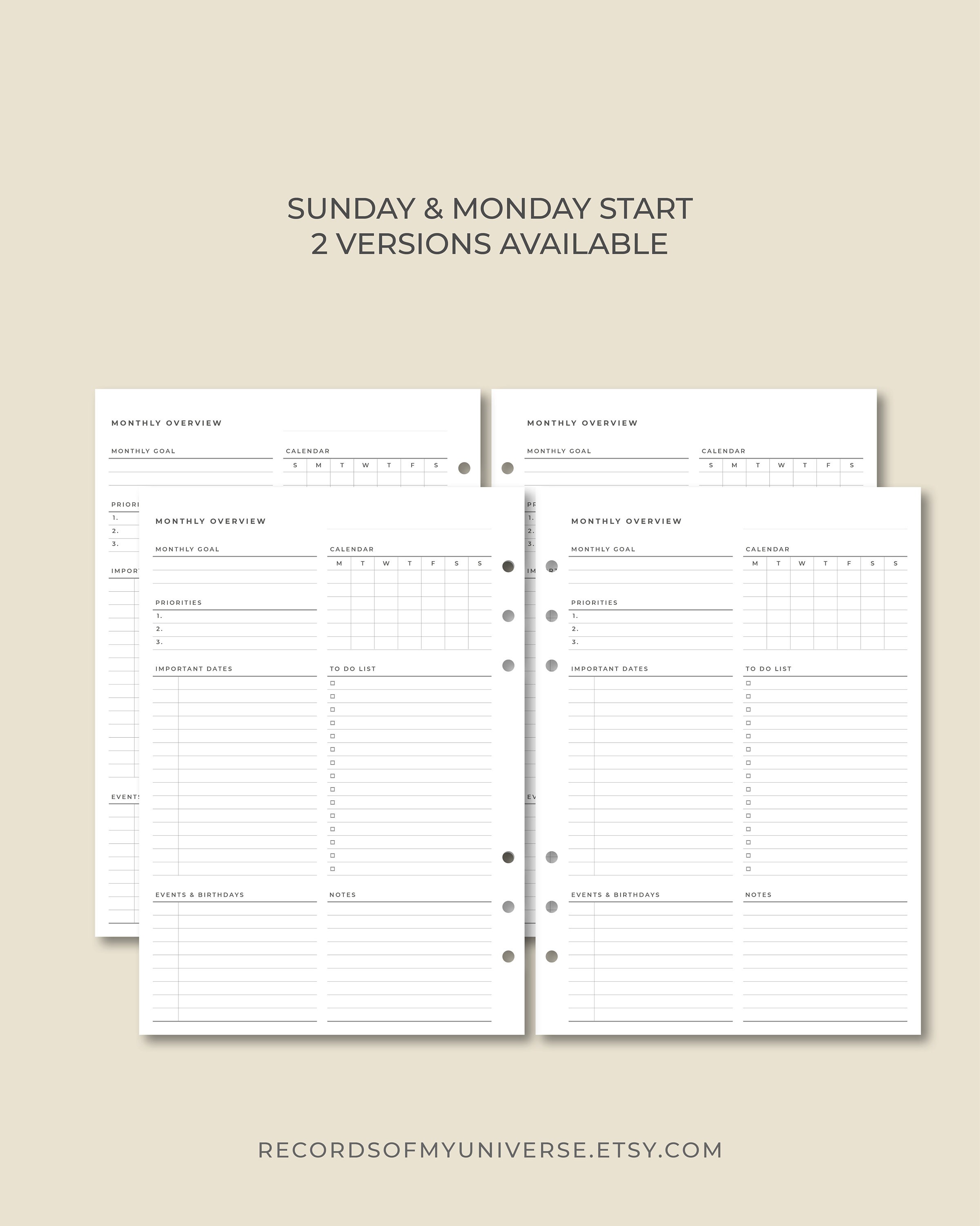 A5 Minimal Monthly Overview Planner Template Printable | 2 Types ...
