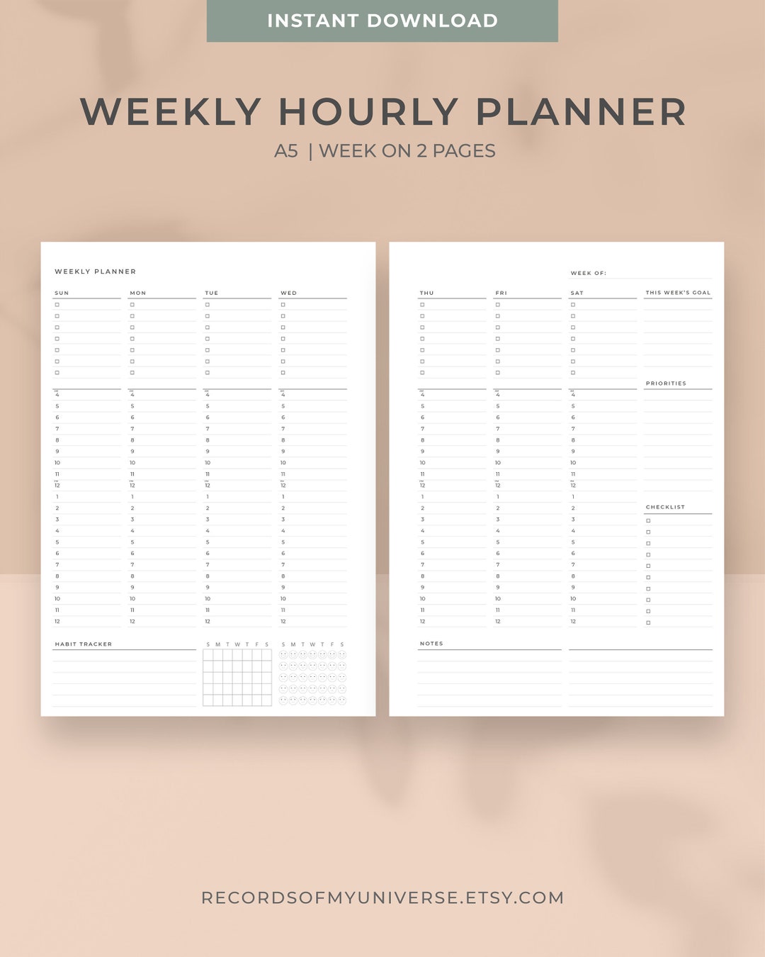 A5 Minimal Weekly Hourly Schedule Planner Template Printable | Week on ...