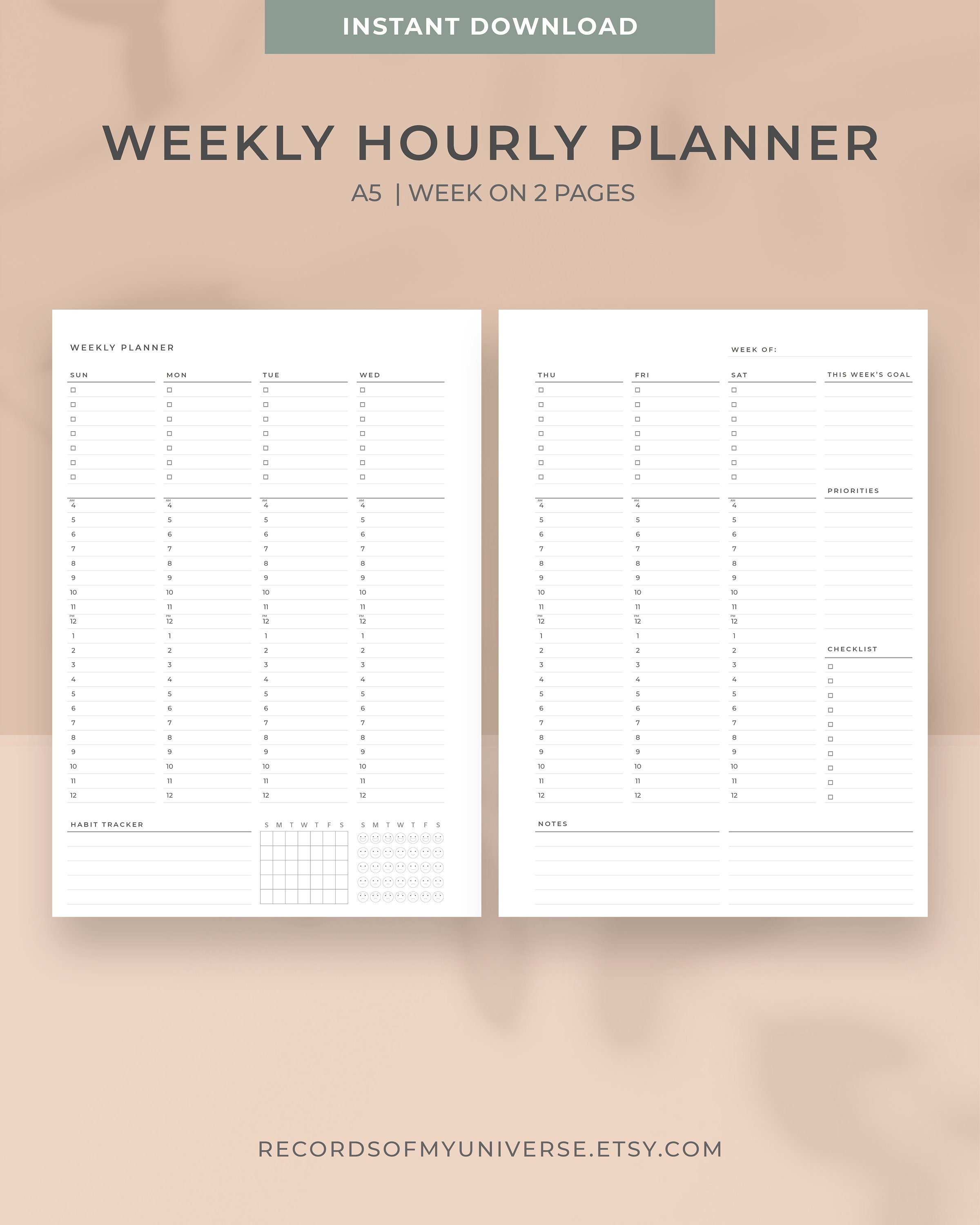 A5 Minimal Weekly Hourly Schedule Planner Template Printable | Week on ...