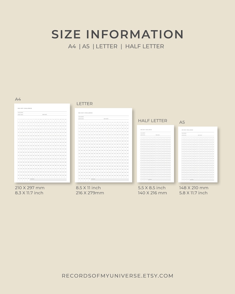 Printable 365 Day Challenge Goal Tracker | A4, A5, Letter, Half Letter ...