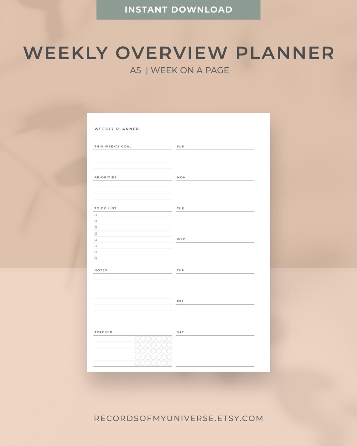 A5 Minimal Weekly Overview Planner Template Printable Week on A Page ...