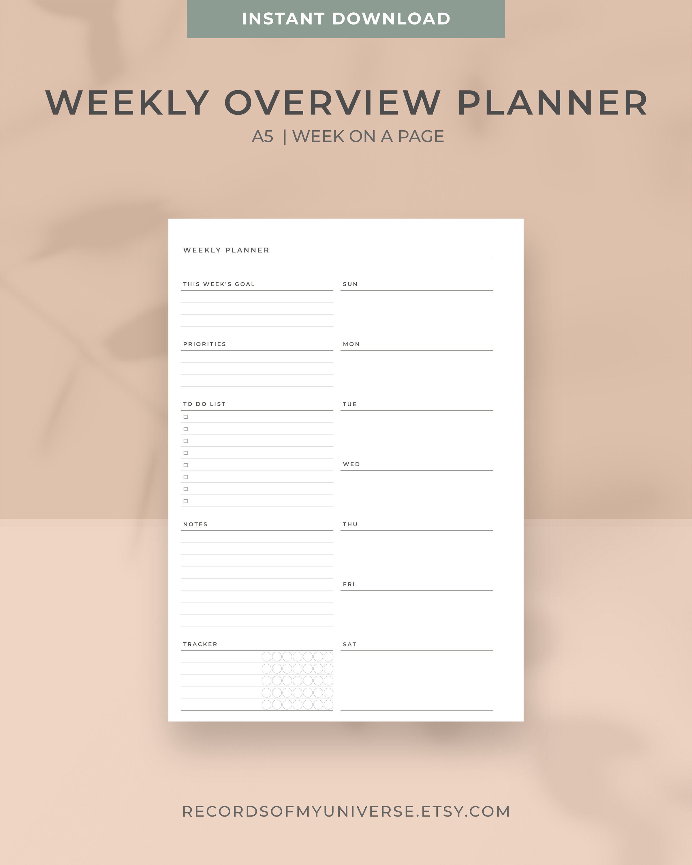 A5 Minimal Weekly Overview Planner Template Printable Week on A Page ...