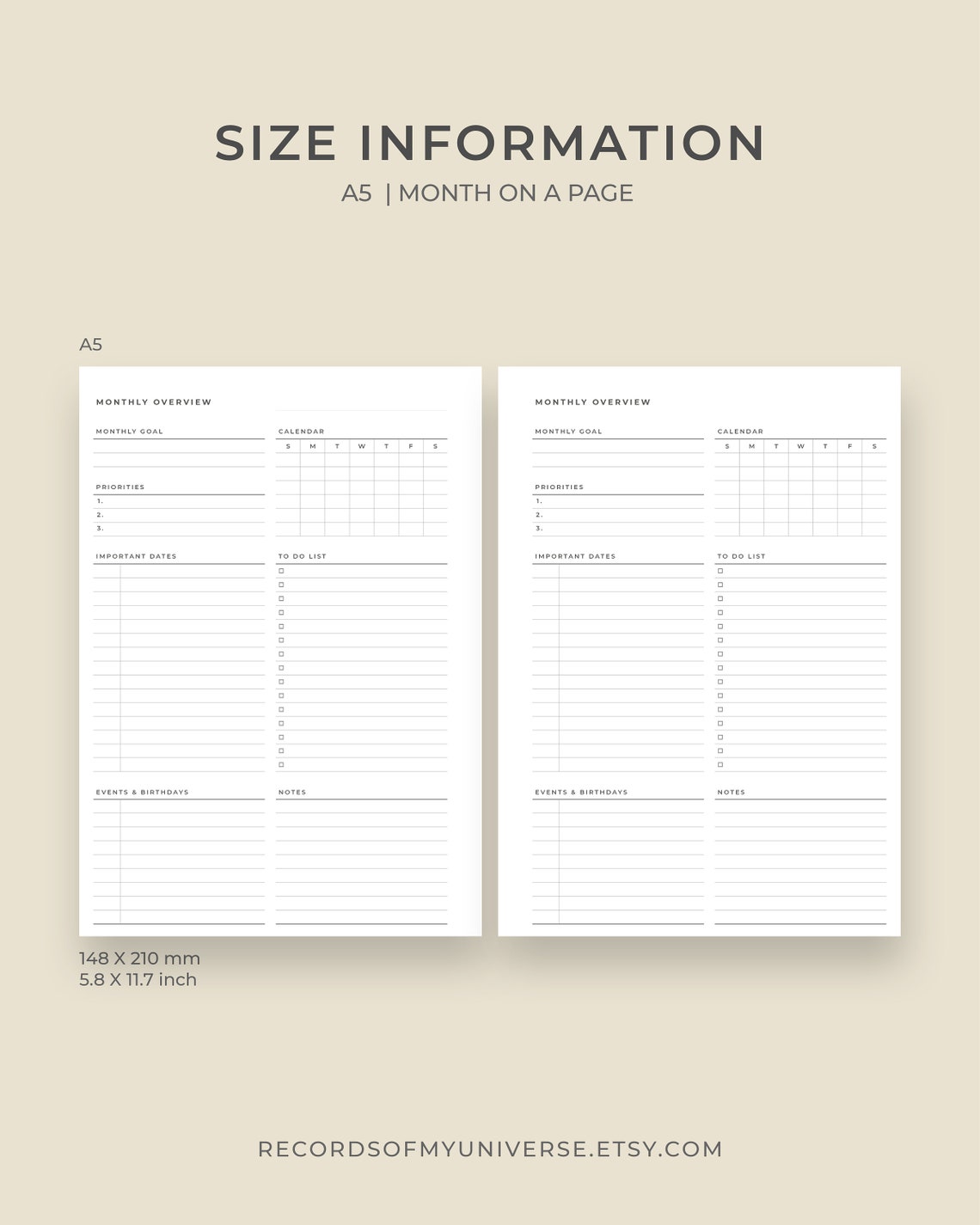 A5 Minimal Monthly Overview Planner Template Printable | 2 Types ...