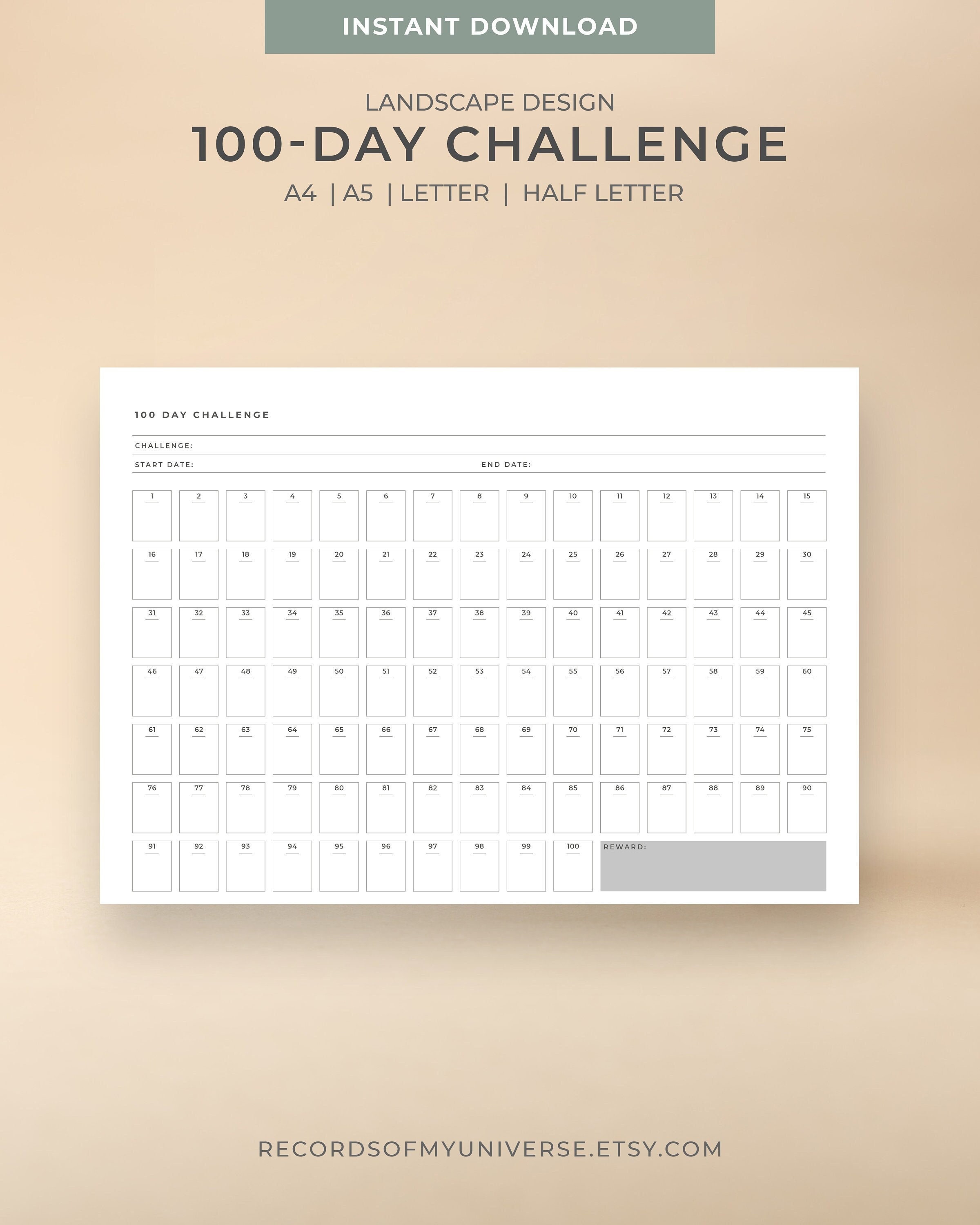 Printable & Editable 100 Day Challenge Landscape Design | A4, A5 ...