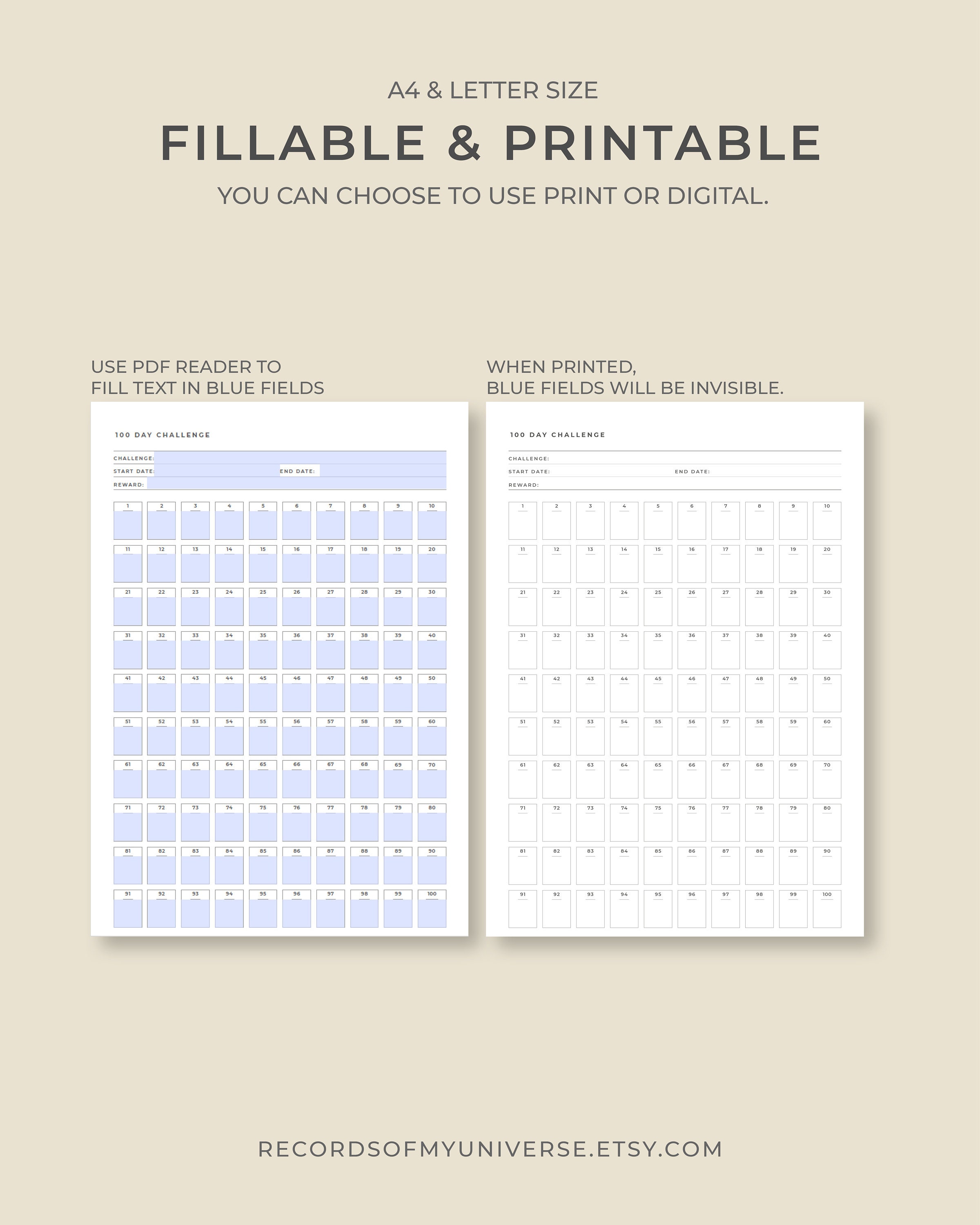 Printable & Editable 100 Day Challenge Goal Tracker | A4, A5, Letter ...