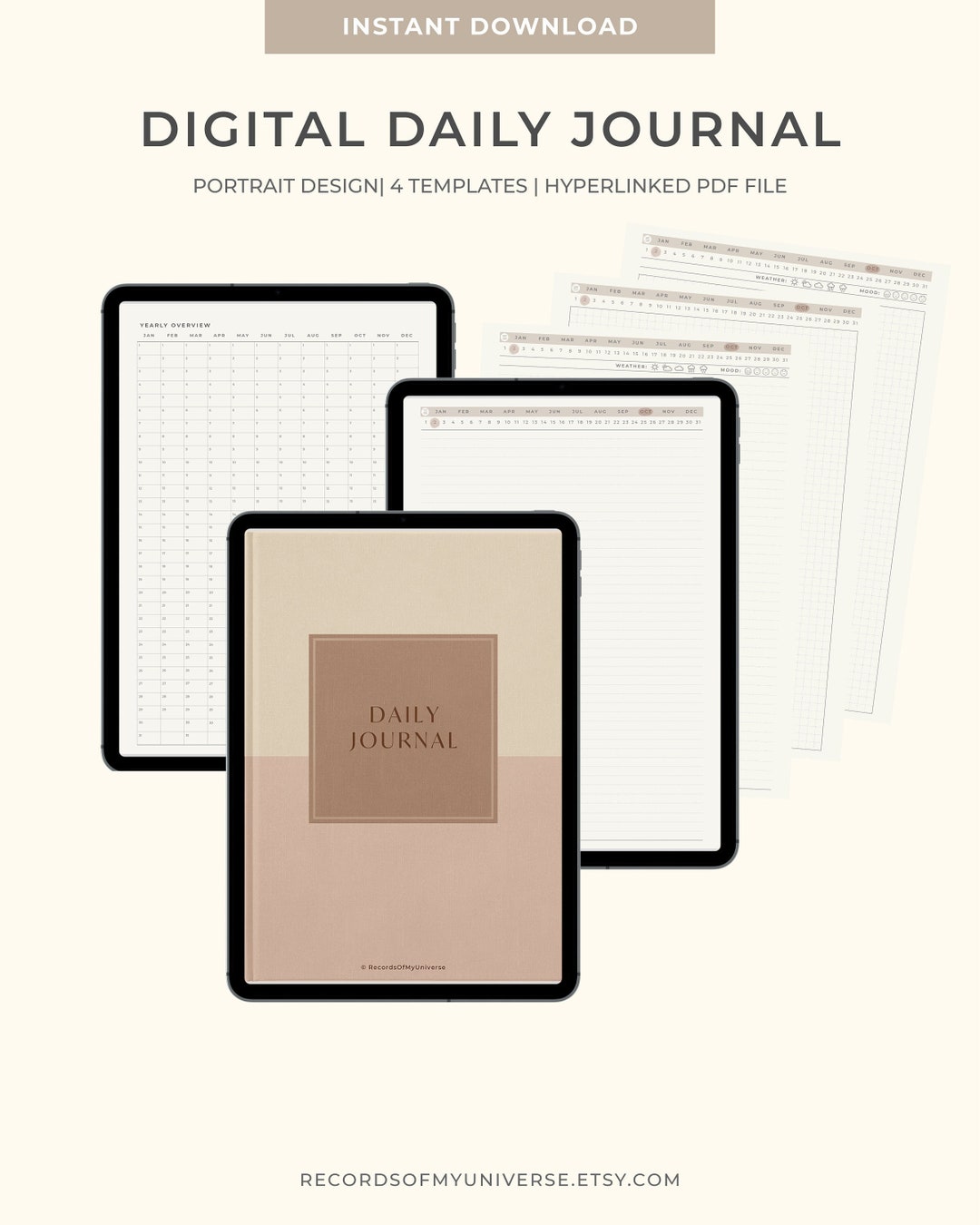 365-day Portrait Digital Daily Journal Book | Hyperlinked PDF File ...