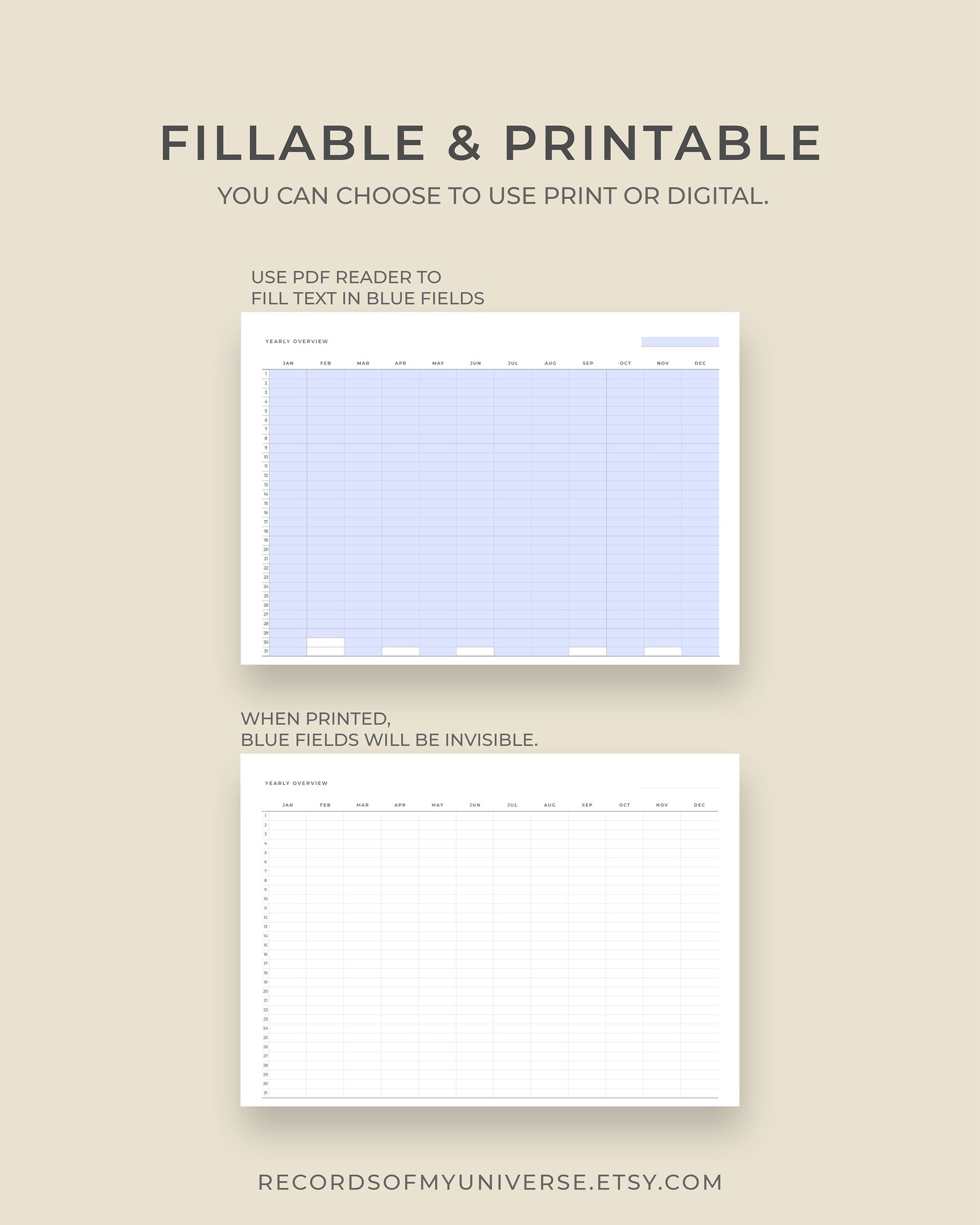 Editable & Printable Letter A4 Size Minimal Yearly Overview - Etsy