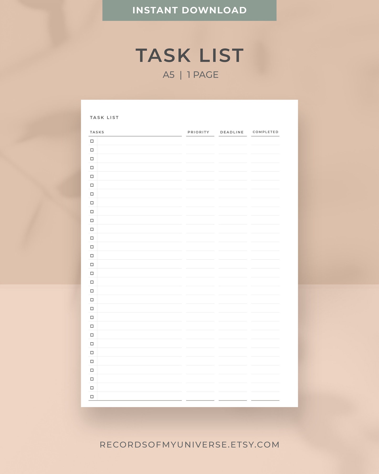A5 Size Task List Template Printable Instant Download Printable to Do ...