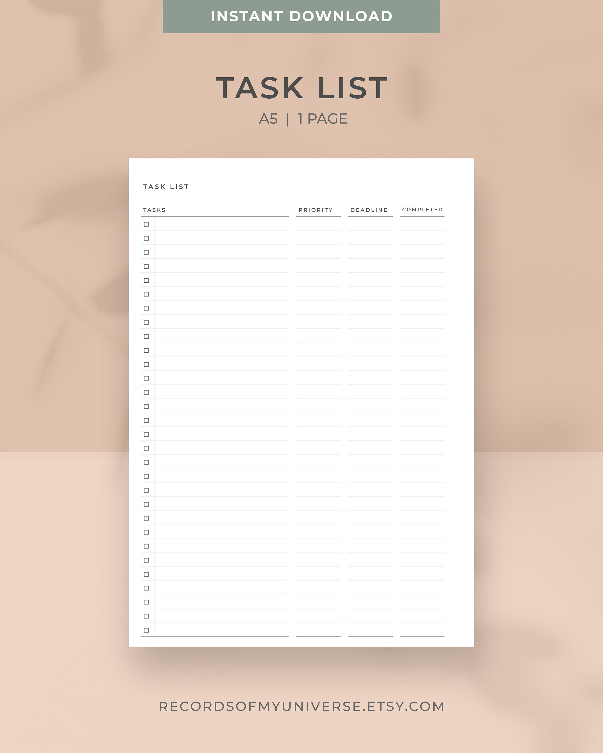 A5 Size Task List Template Printable Instant Download Printable to Do ...