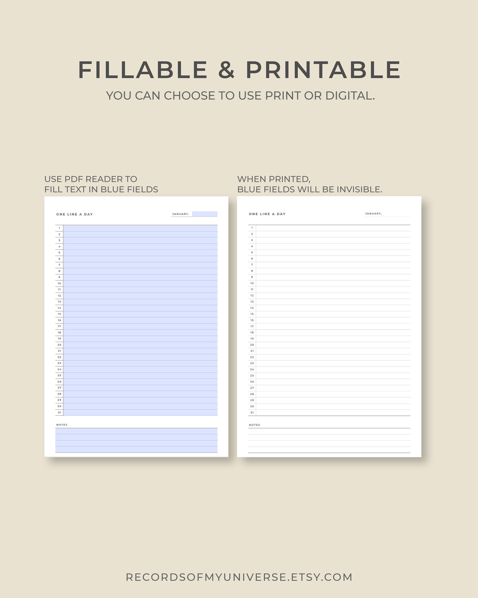 Printable & Editable Minimal One Line a Day Journal | A4, Letter Size ...