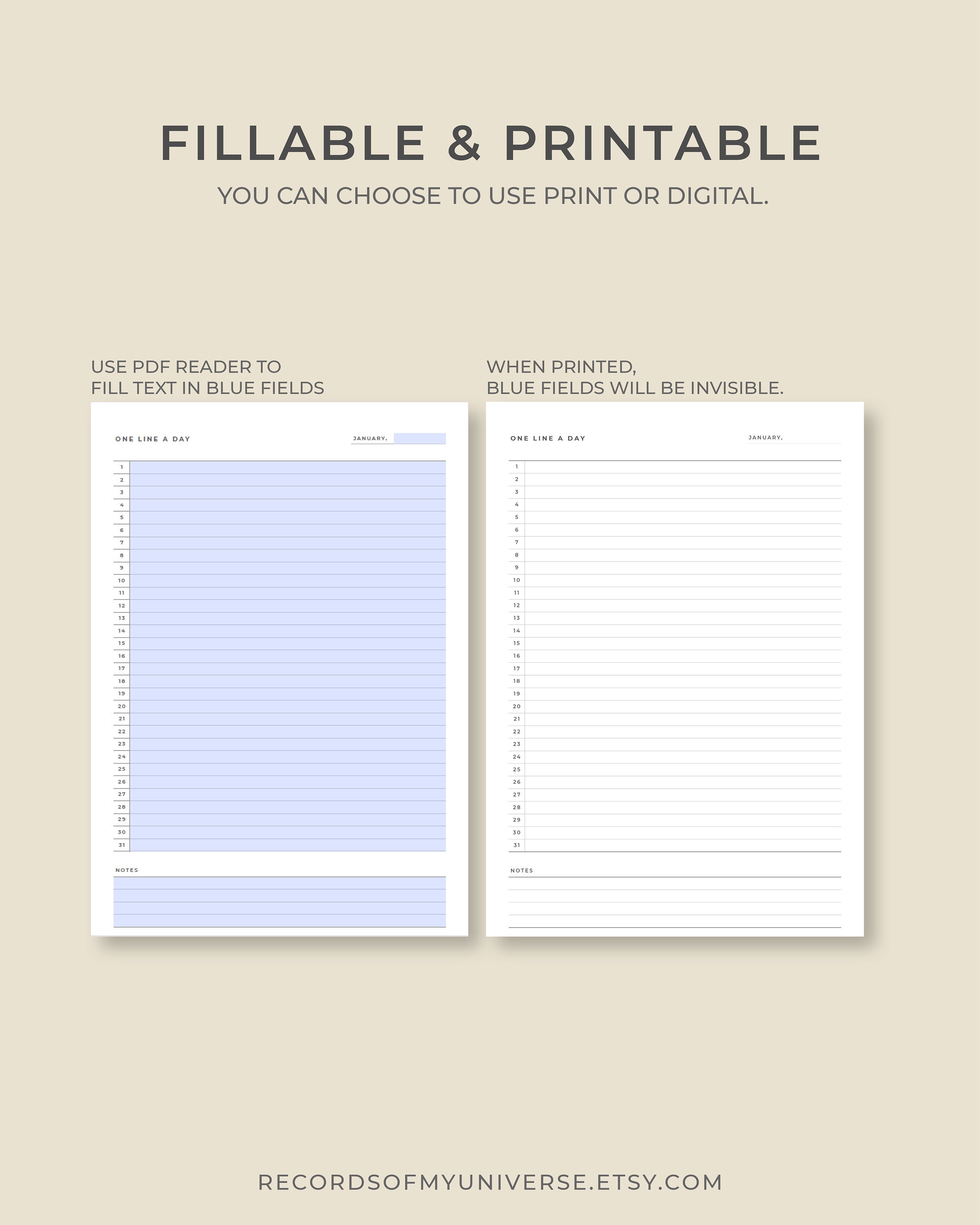 Printable & Editable Minimal One Line a Day Journal A4, Letter Size Jan ...