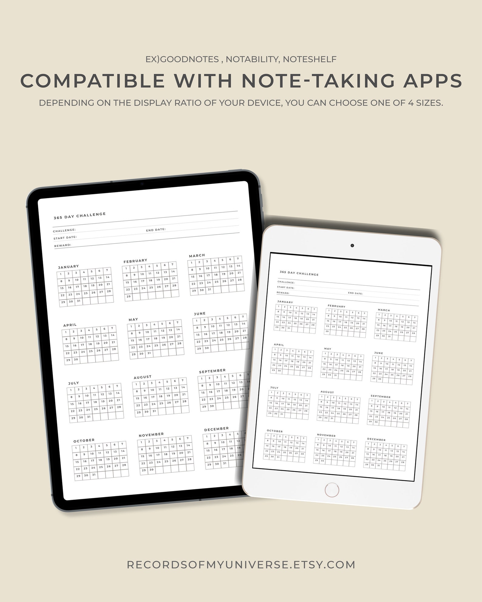 Printable 365 Day Challenge Goal Tracker | A4, A5, Letter, Half Letter ...