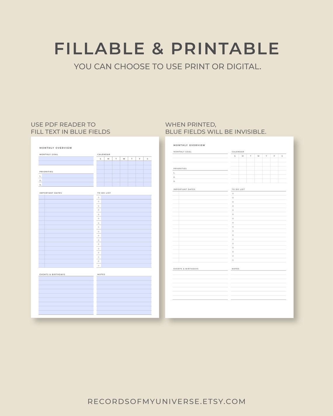 Printable & Editable Minimal Monthly Overview Planner Template | A4 ...