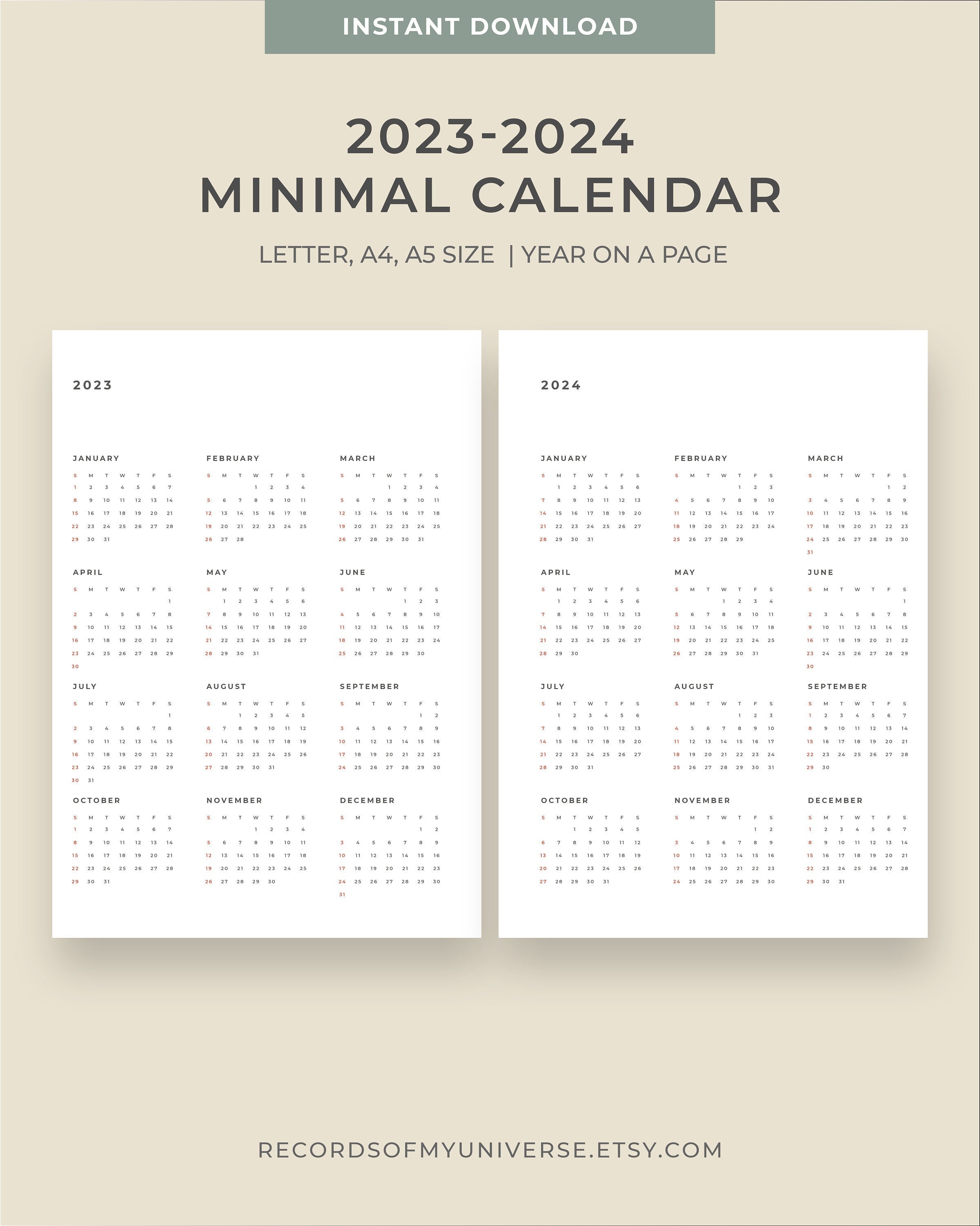 A4, A5, Letter Size 2023-2024 Minimal Calendar Printable 2 Pages Mon ...
