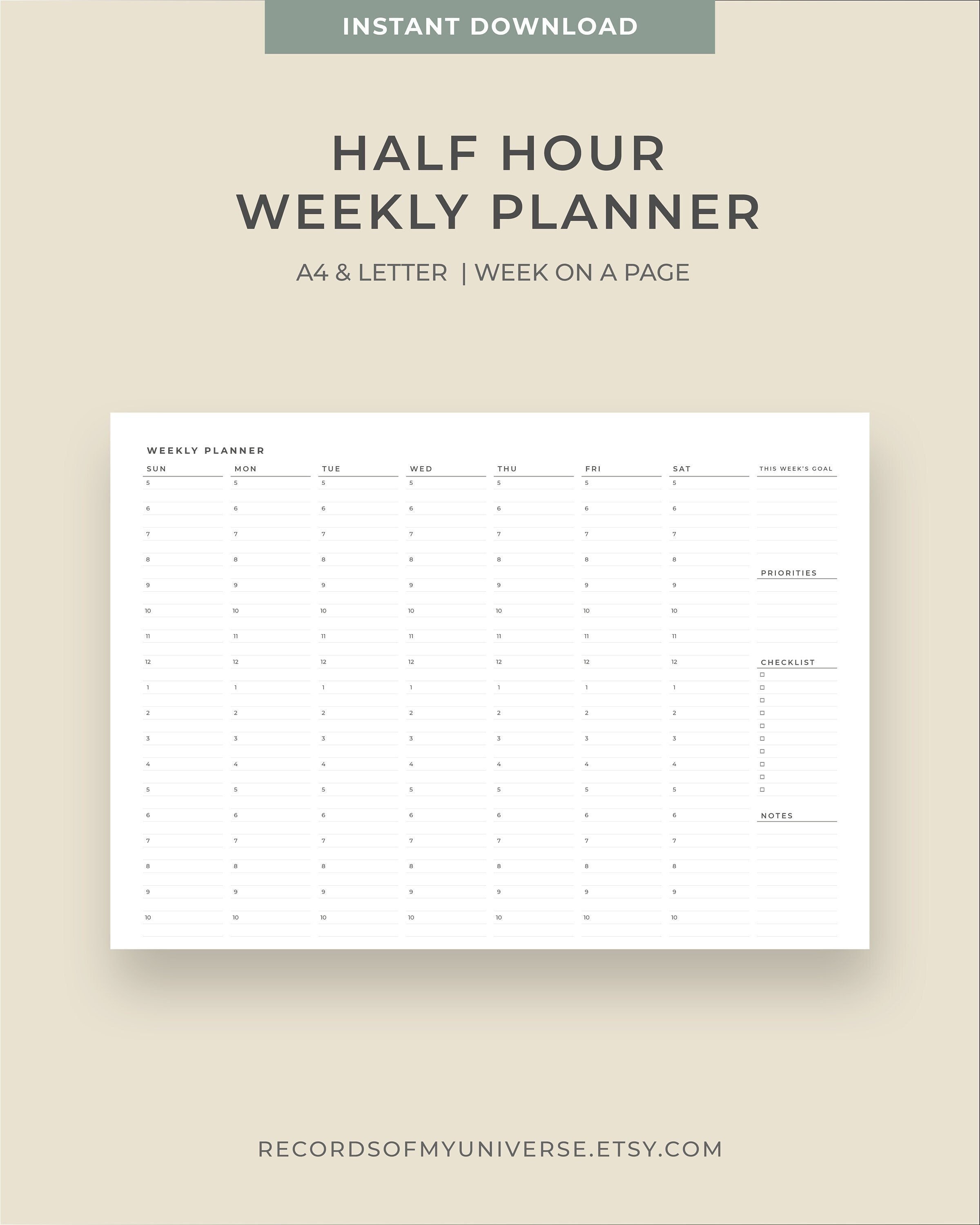 Editable & Printable _ A4 , Letter Size Half Hour Weekly Schedule ...