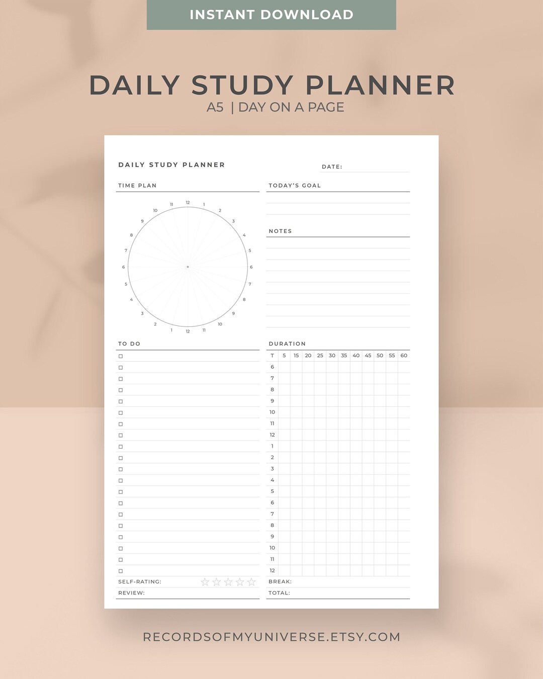 A5 Daily Study Planner Template Printable | Clock Planner | Instant ...