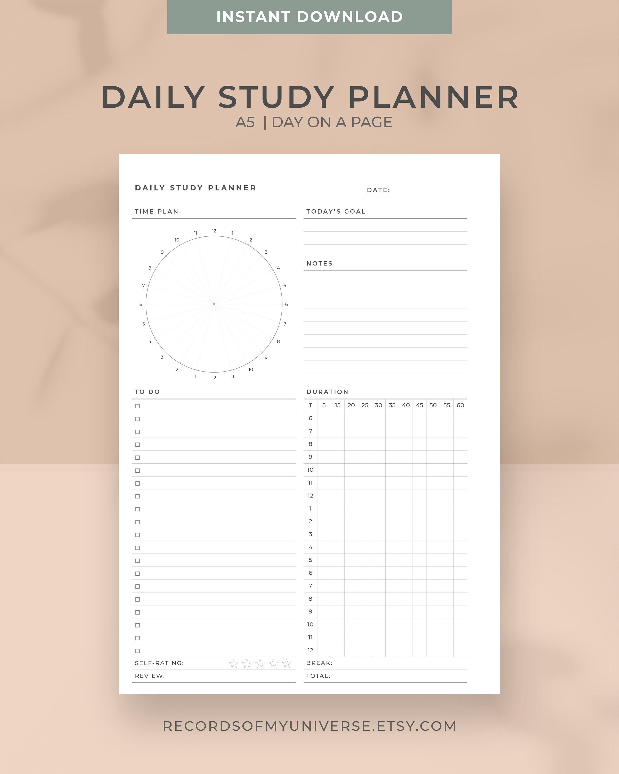 A5 Daily Study Planner Template Printable | Clock Planner | Instant ...