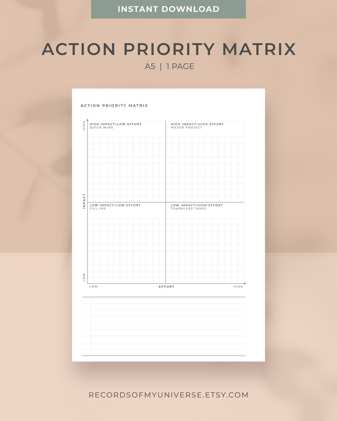 A5 Action Priority Matrix Template PDF Printable | Impact & Effort ...