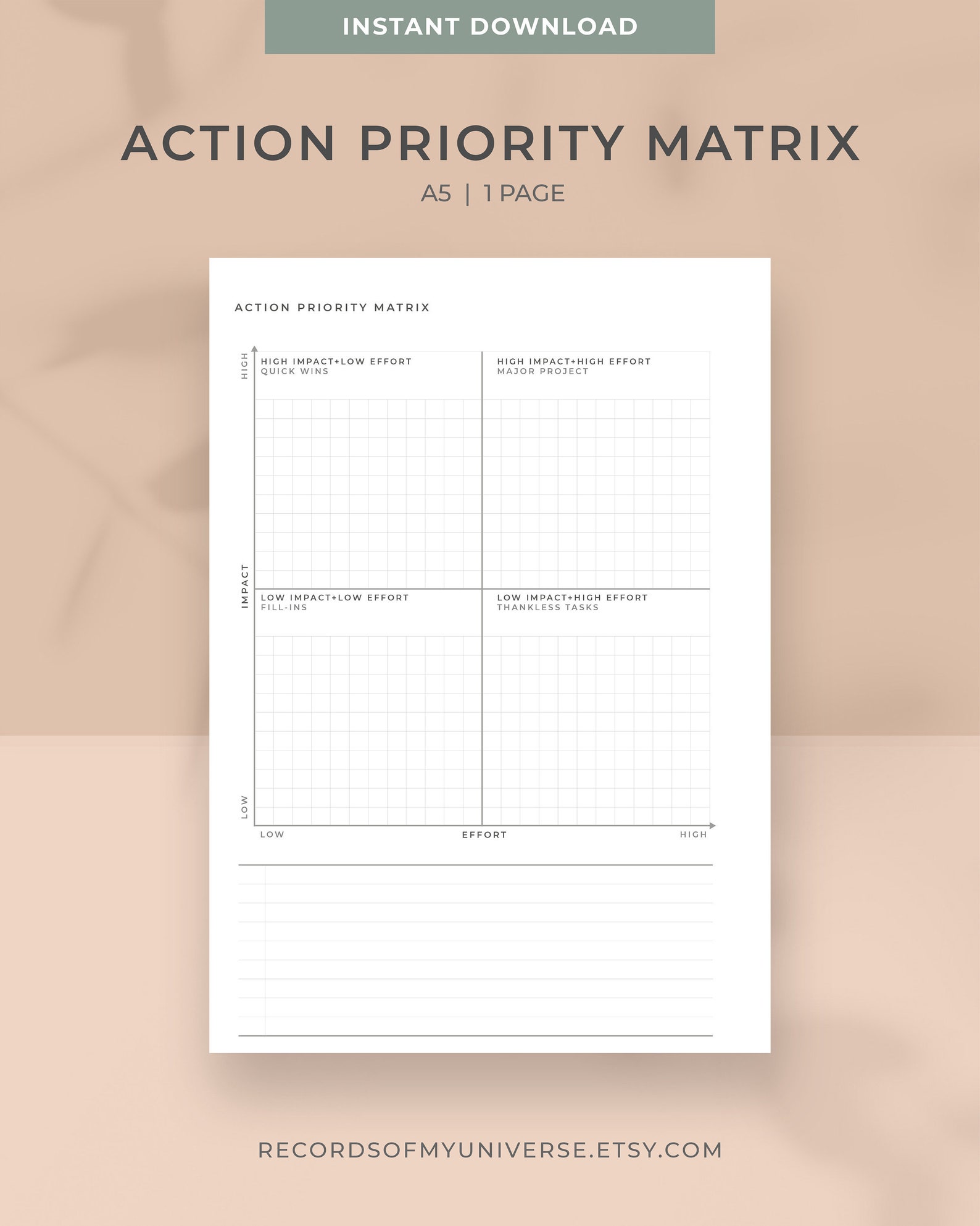 A5 Action Priority Matrix Template PDF Printable | Impact & Effort ...