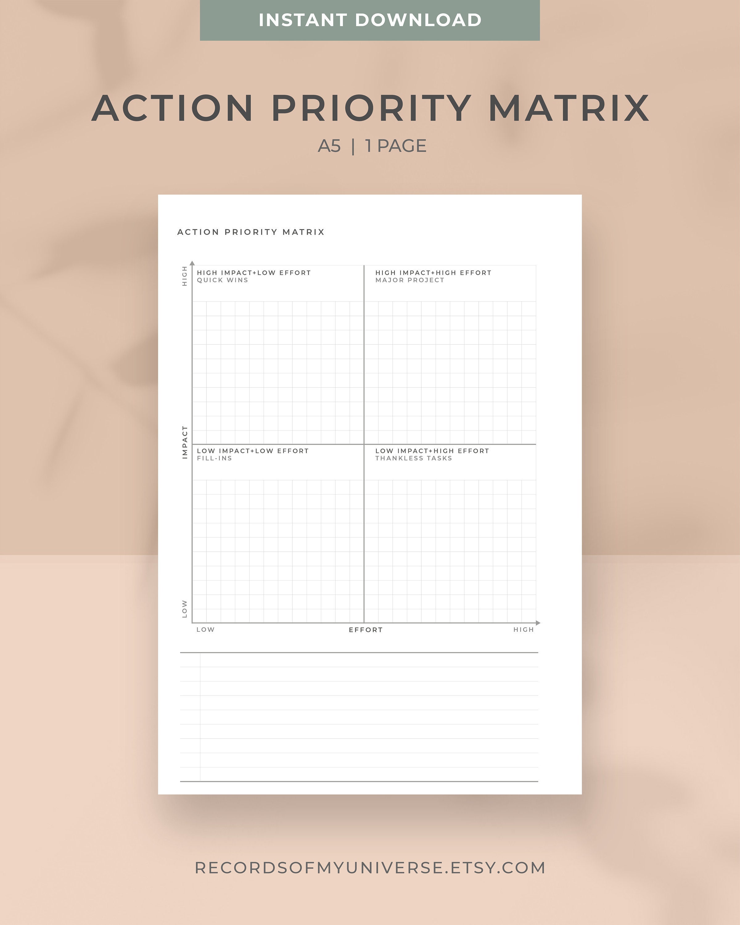 A5 Action Priority Matrix Template PDF Printable | Impact & Effort ...