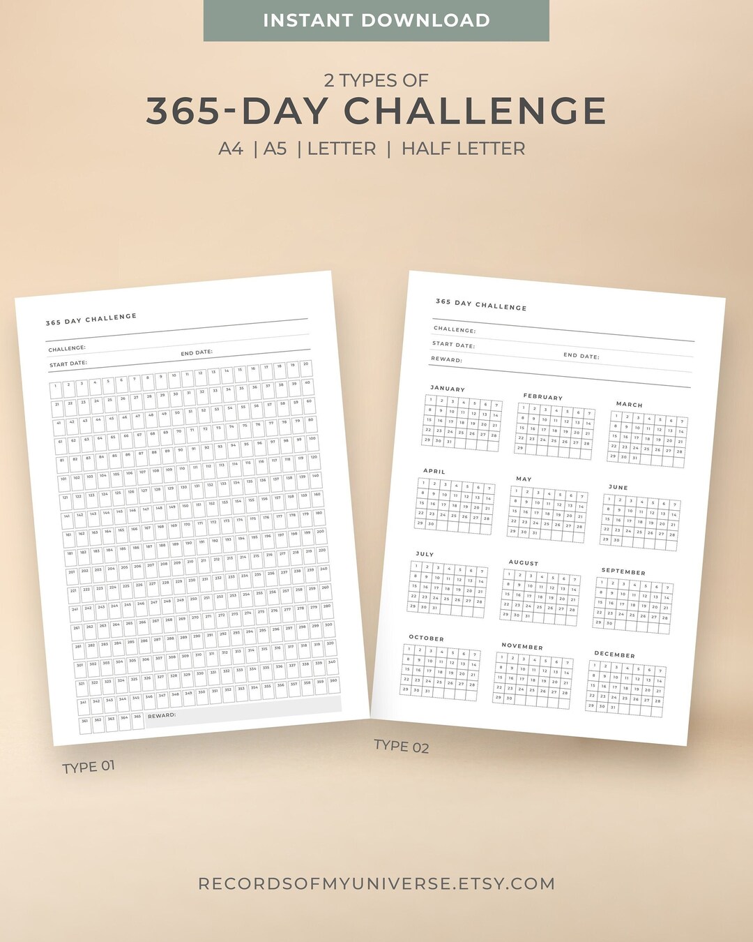 Printable 365 Day Challenge Goal Tracker | A4, A5, Letter, Half Letter ...