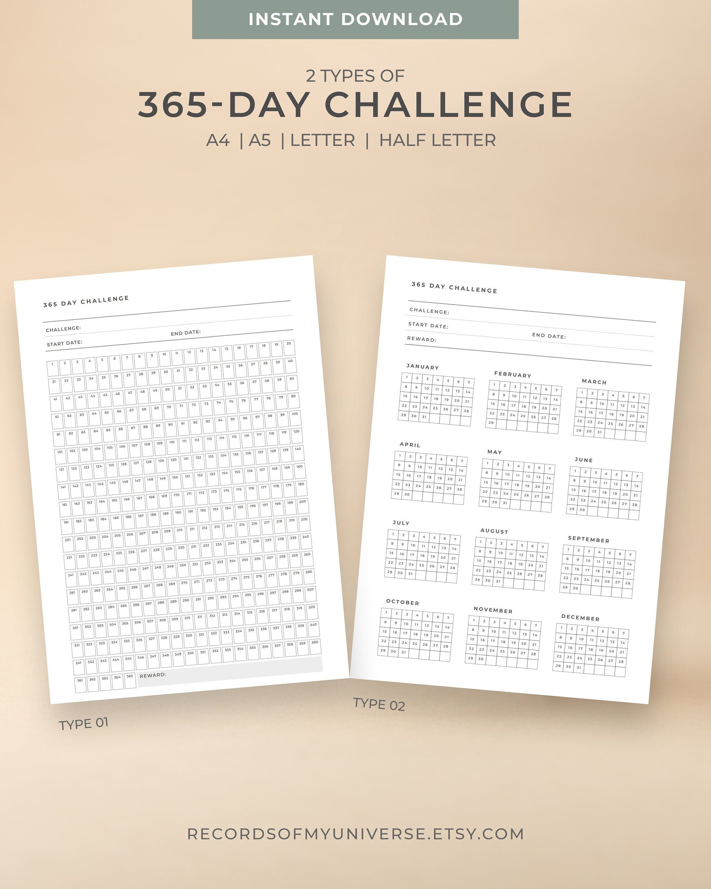 Printable 365 Day Challenge Goal Tracker | A4, A5, Letter, Half Letter ...
