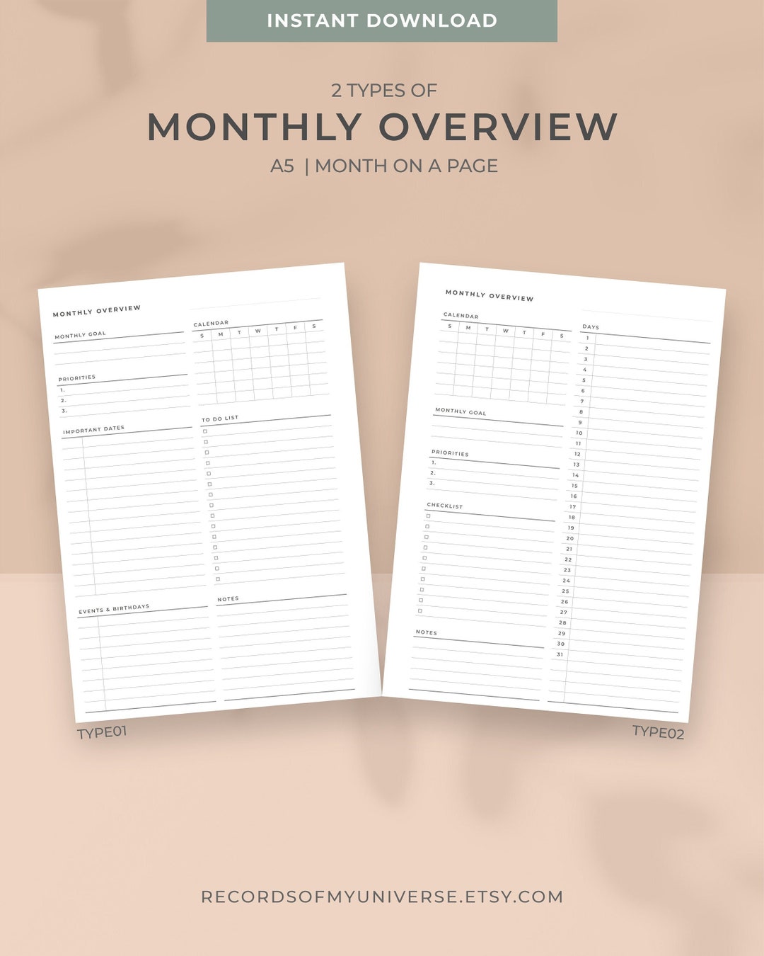 A5 Minimal Monthly Planner Printable: Month on a Page (digital Download ...