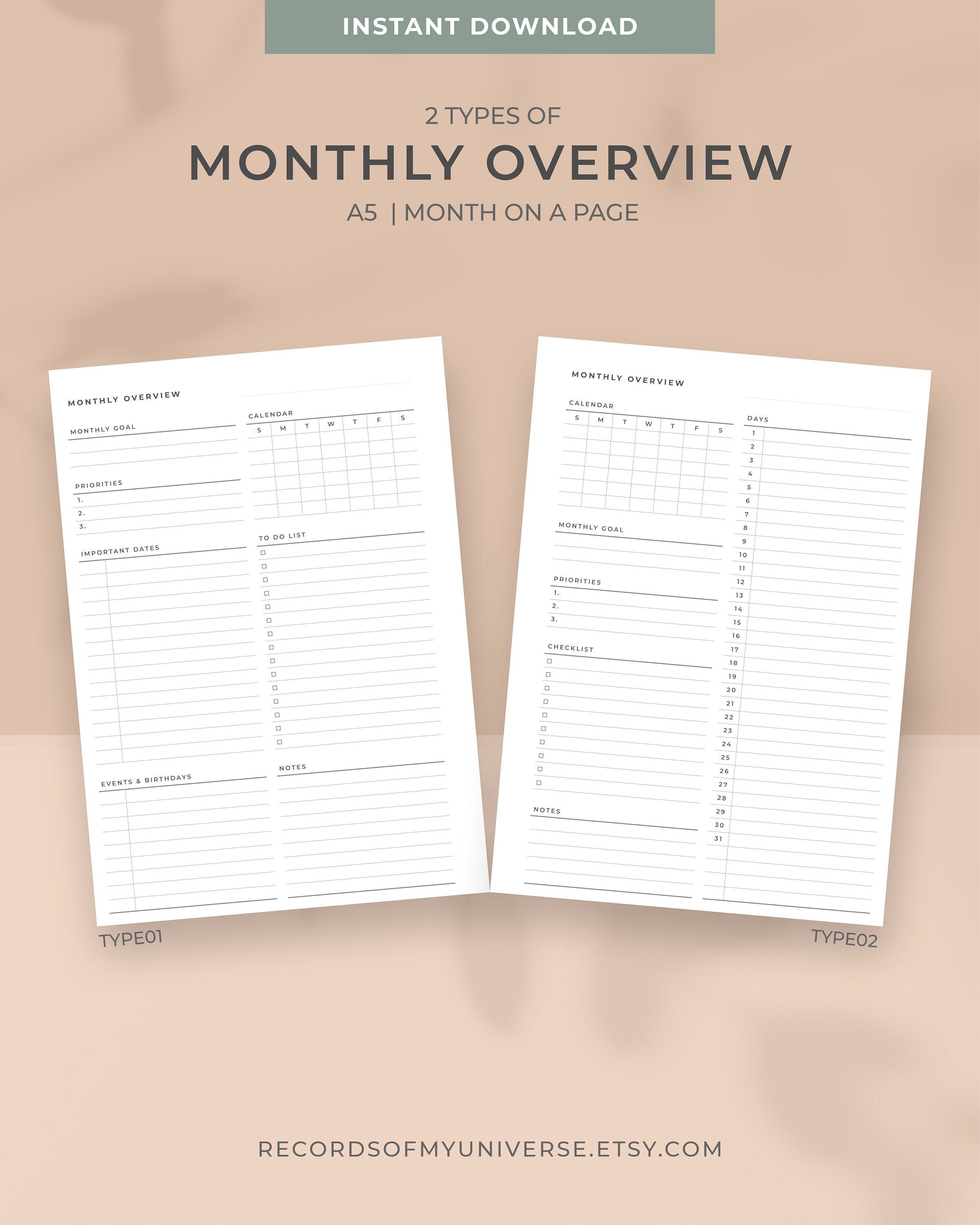 A5 Minimal Monthly Overview Planner Template Printable | 2 Types ...