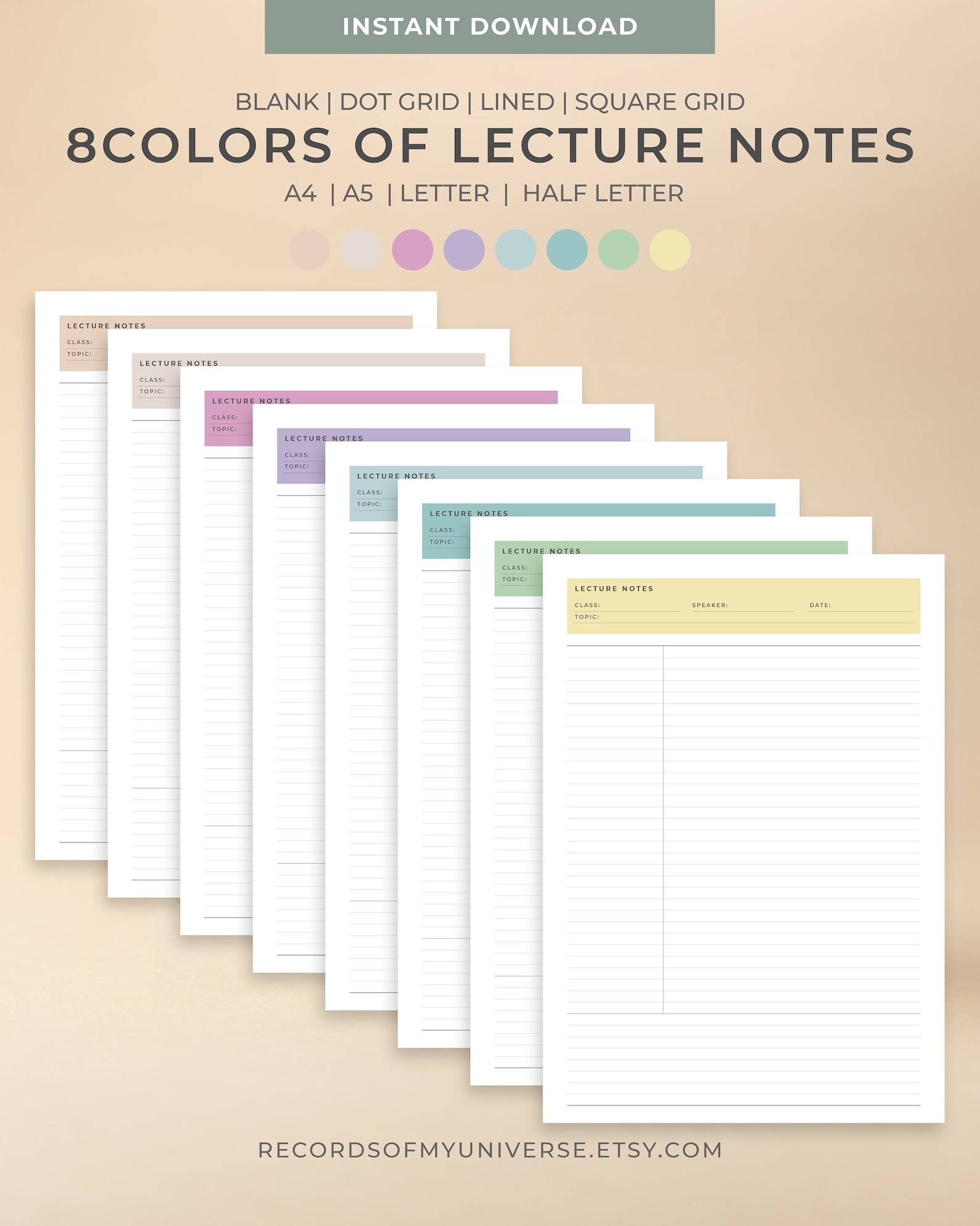 8 Pastel Colors of Printable Lecture Notes Available in 4 Types | A4 ...