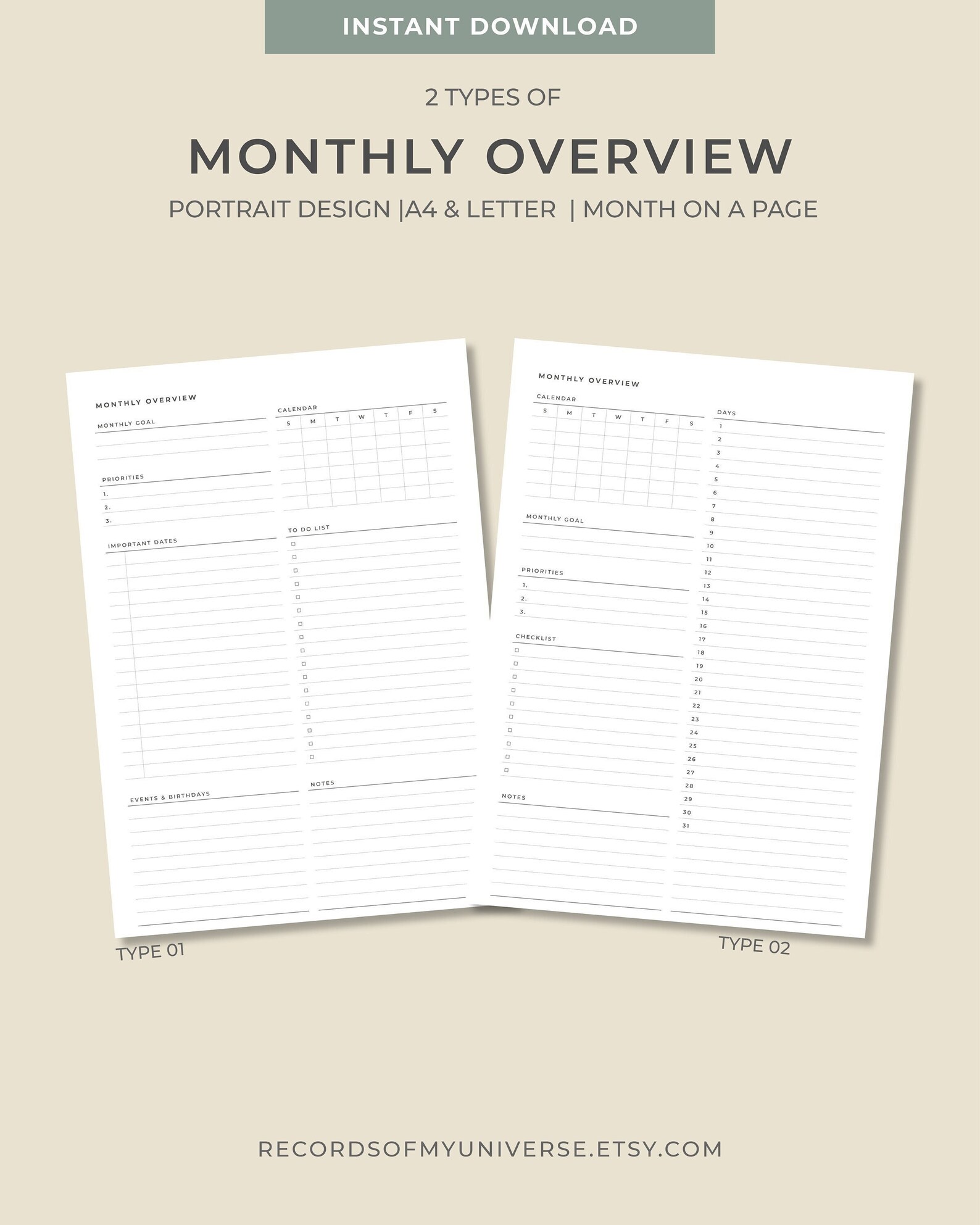 Printable & Editable Minimal Monthly Overview Planner Template | A4 ...