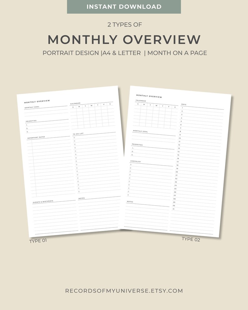 Printable & Editable Minimal Monthly Overview Planner Template | A4 ...