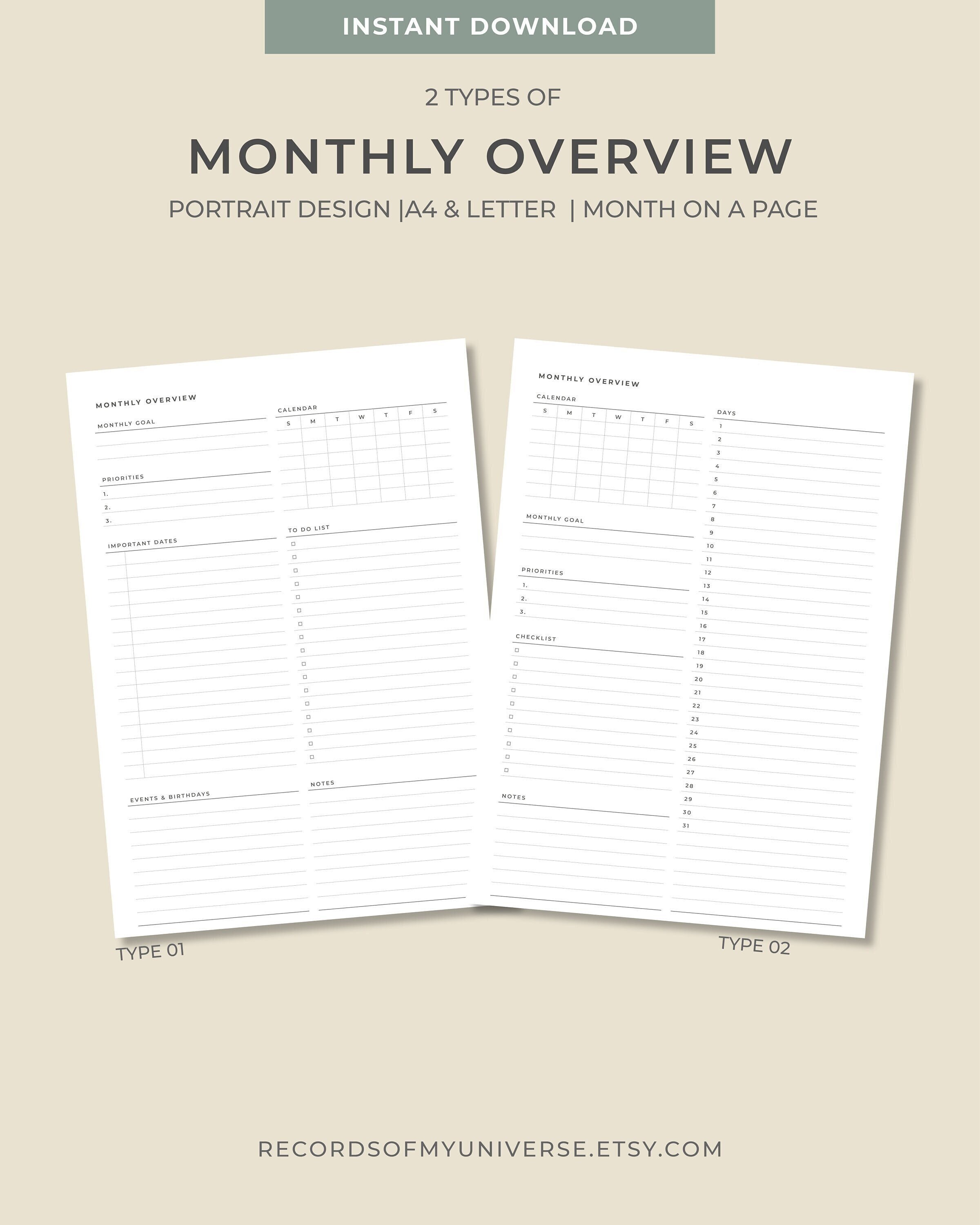 Printable & Editable Minimal Monthly Overview Planner Template | A4 ...