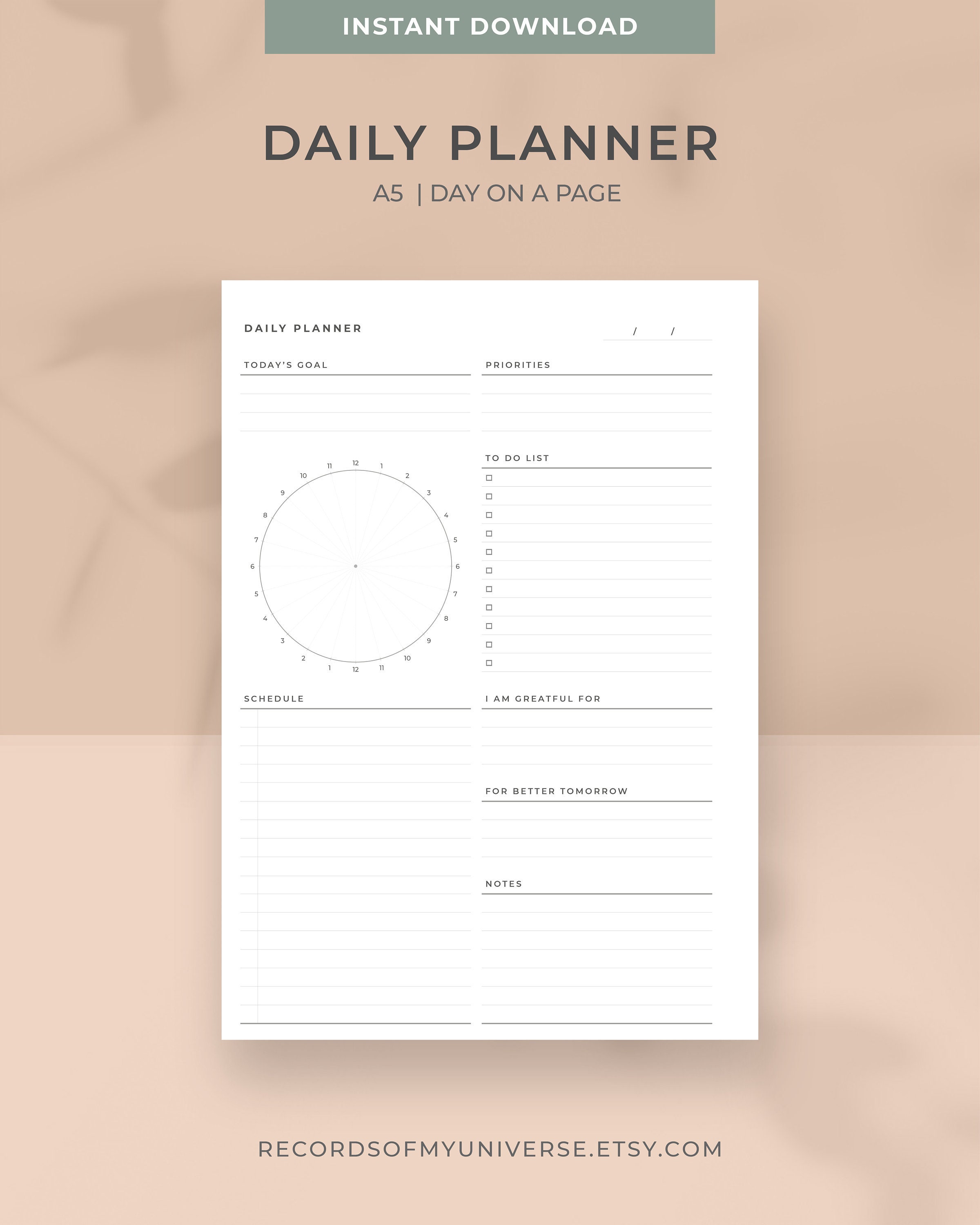A5 Minimal Daily Planner Template Printable Clock Planner Instant ...