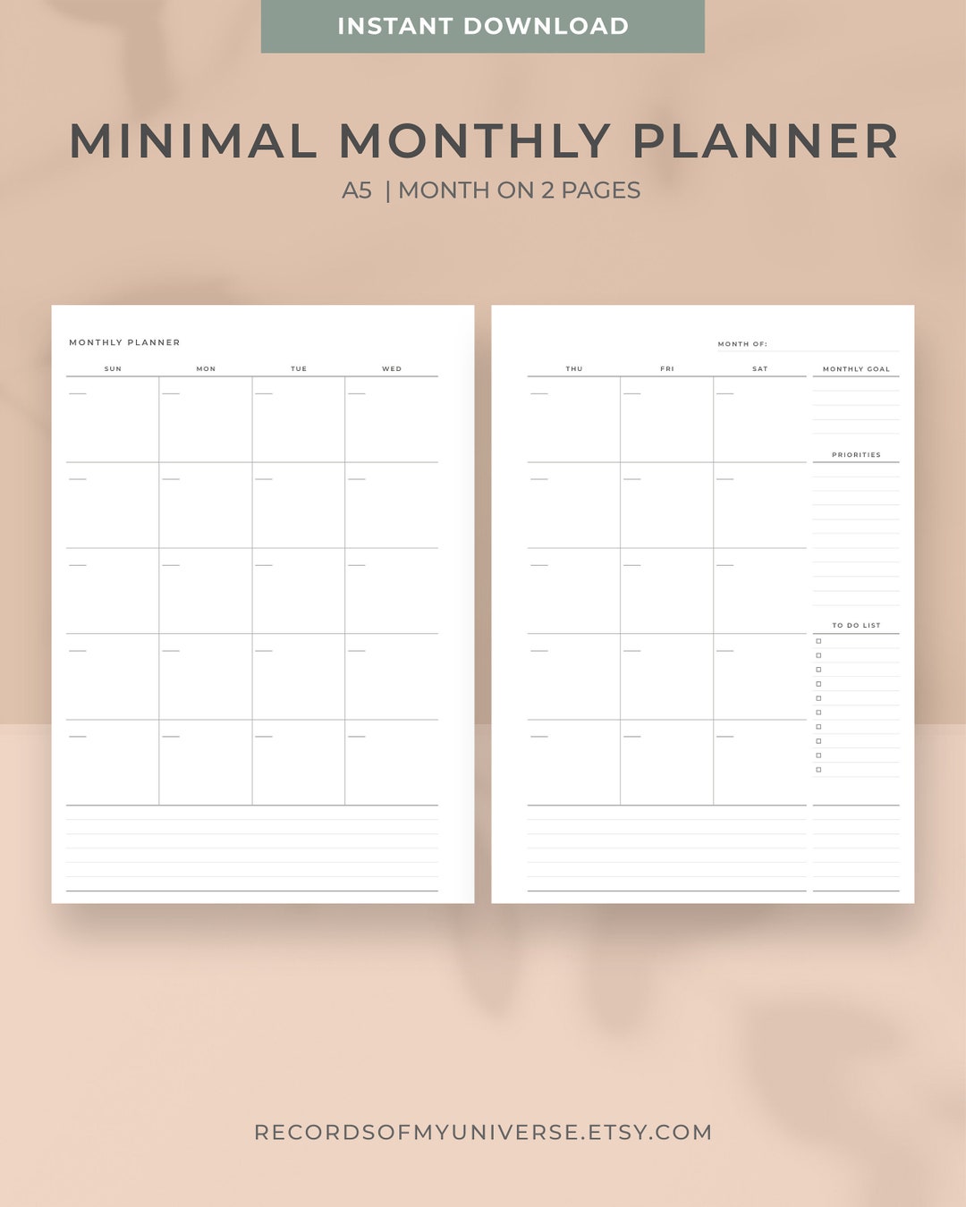A5 Minimal Monthly Schedule Planner Template Printable | Month on ...