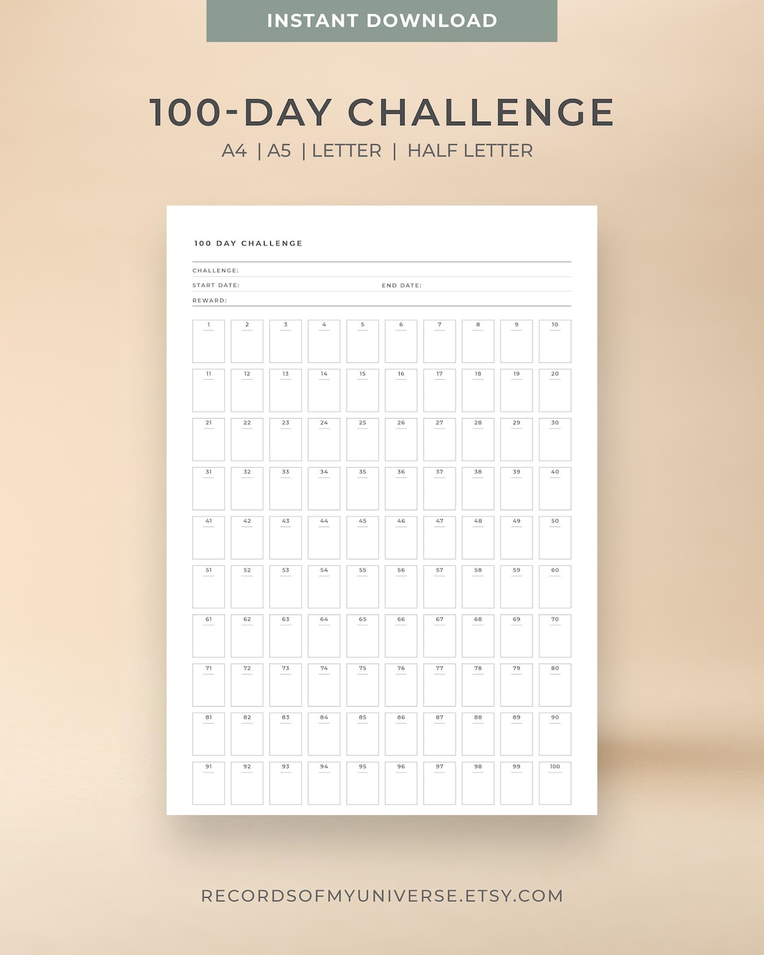 Printable & Editable 100 Day Challenge Goal Tracker | A4, A5, Letter ...