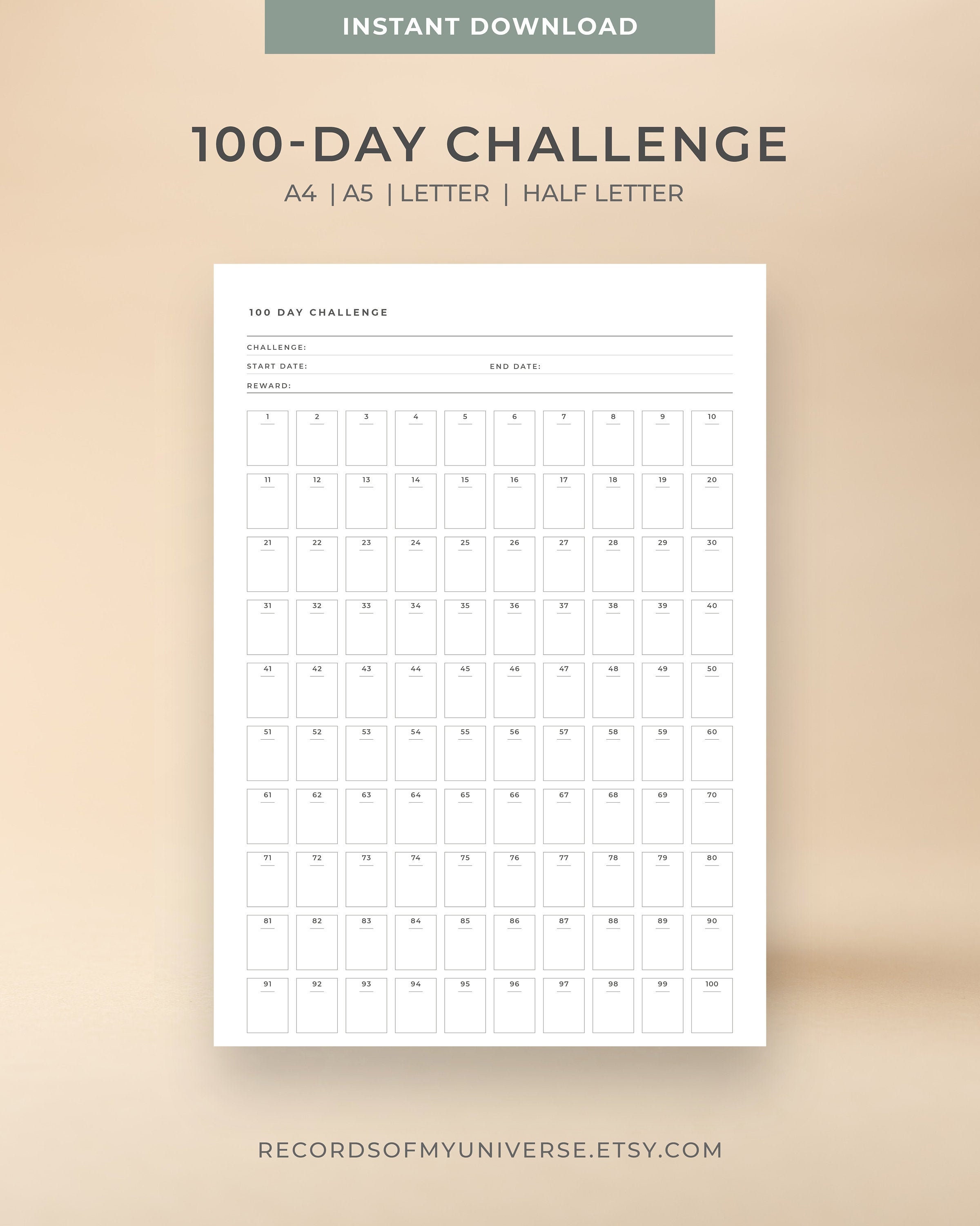 Printable & Editable 100 Day Challenge Goal Tracker | A4, A5, Letter ...