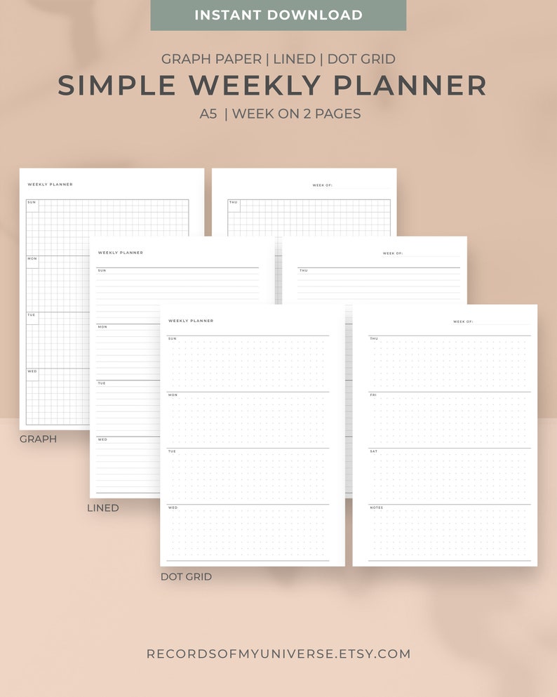 A5 Simple and Minimal Weekly Planner Template Printable | Graph Paper ...