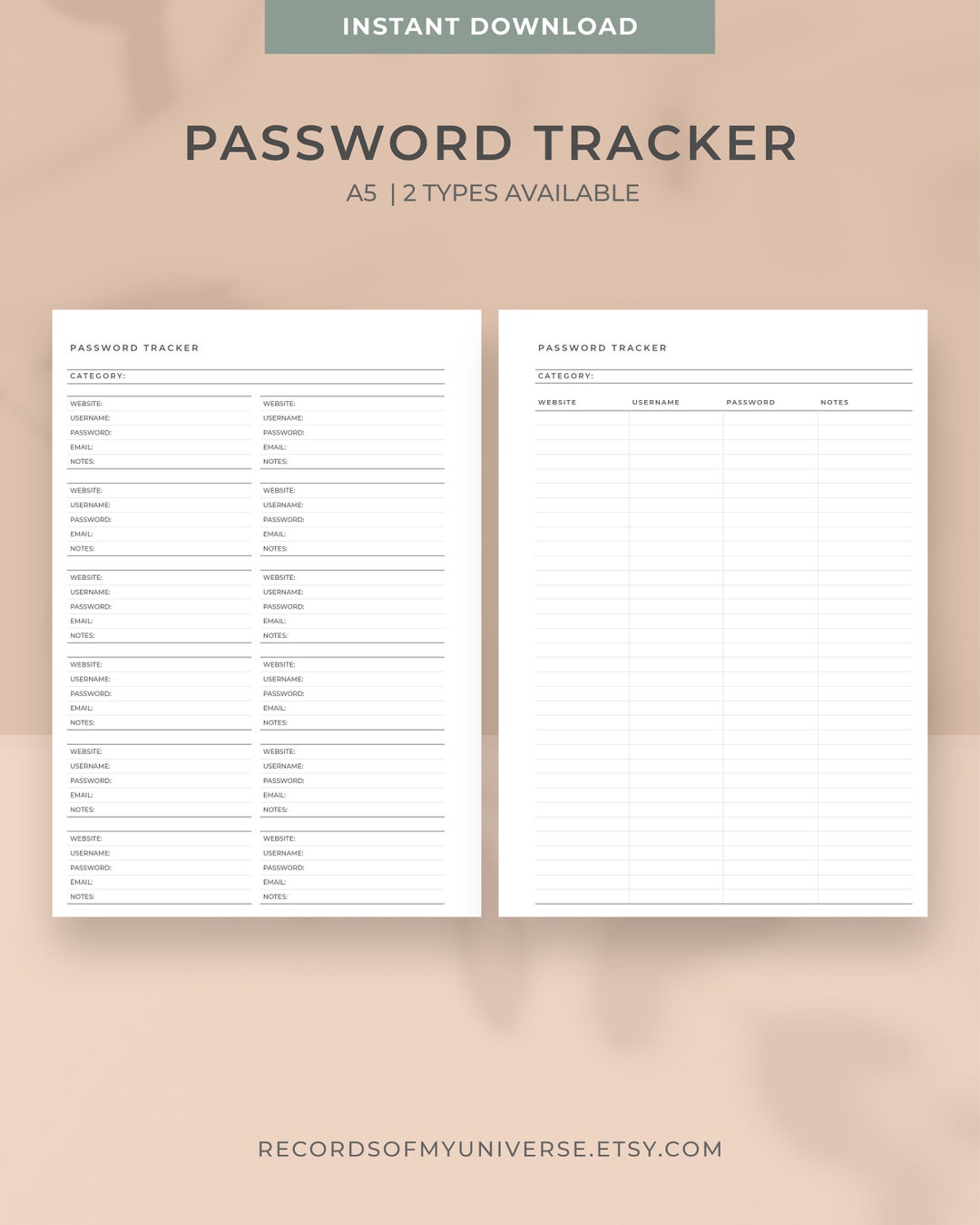 A5 2 Types of Printable Password Tracker Template Instant Download ...