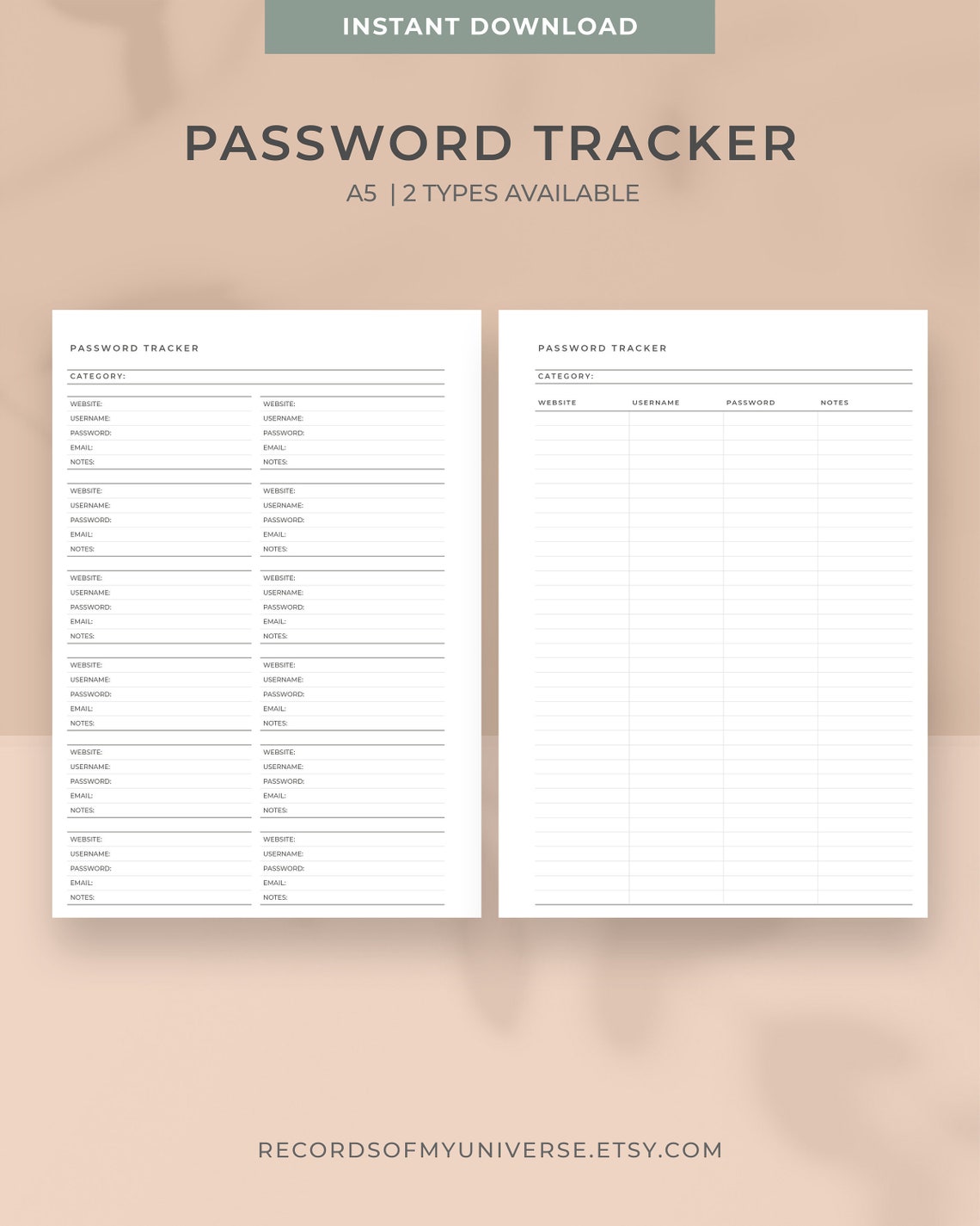 A5 2 Types of Printable Password Tracker Template Instant Download ...