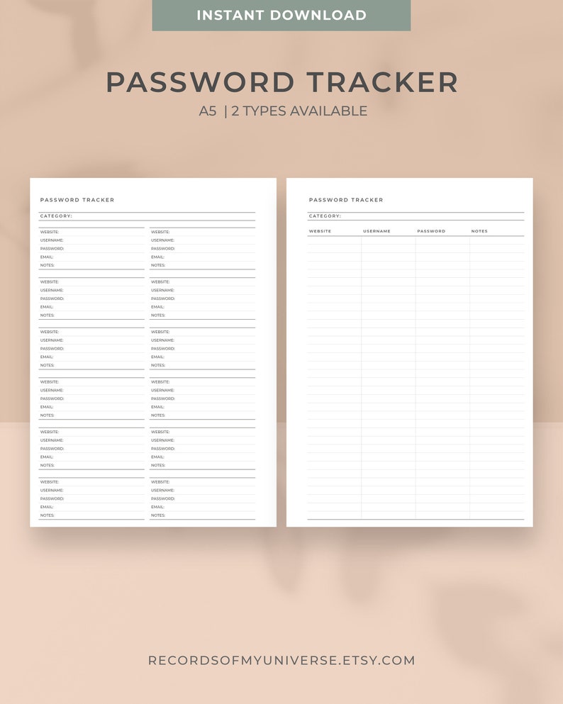 A5 2 Types of Printable Password Tracker Template Instant Download Password Keeper Password Log ...