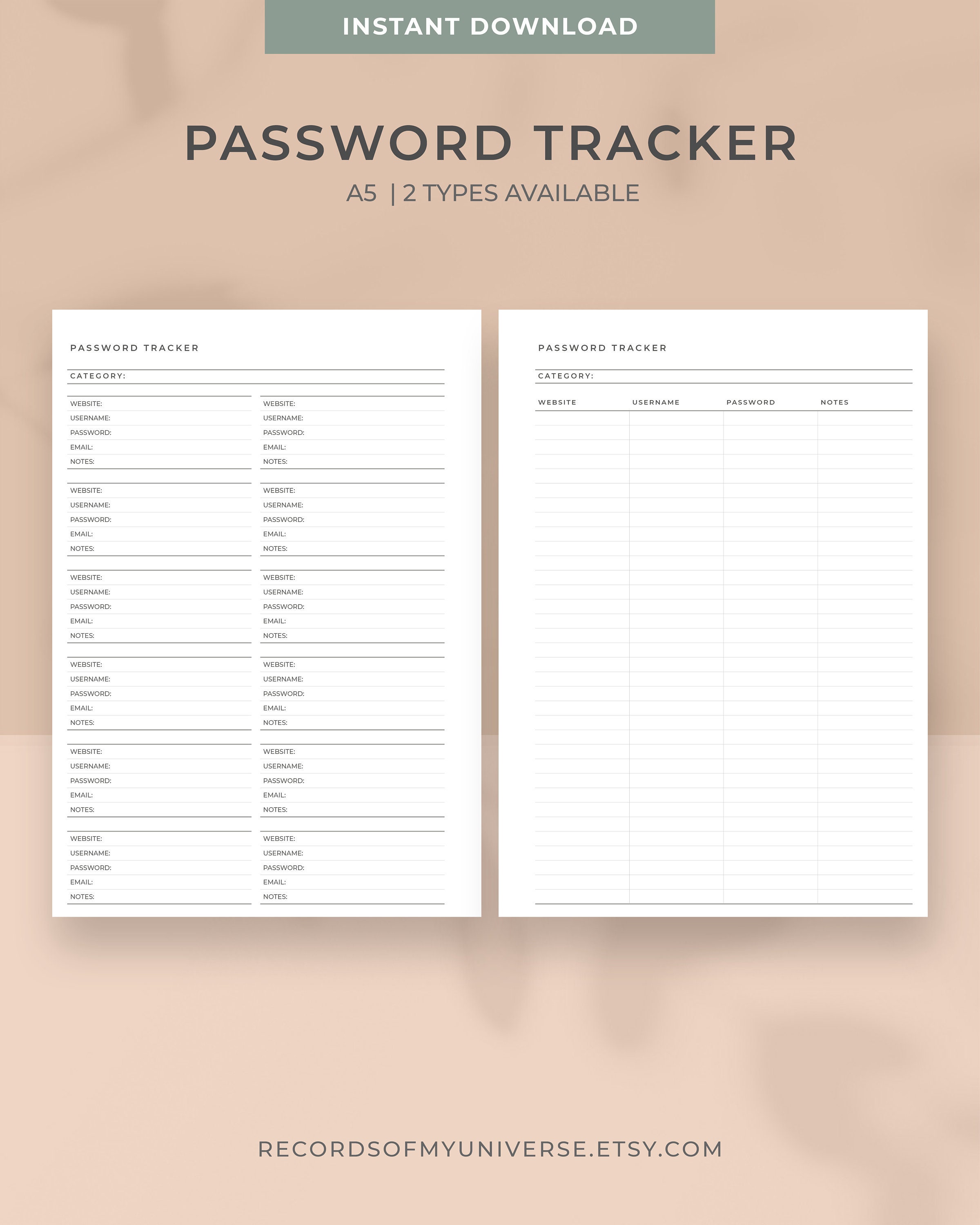 A5 2 Types of Printable Password Tracker Template Instant Download ...