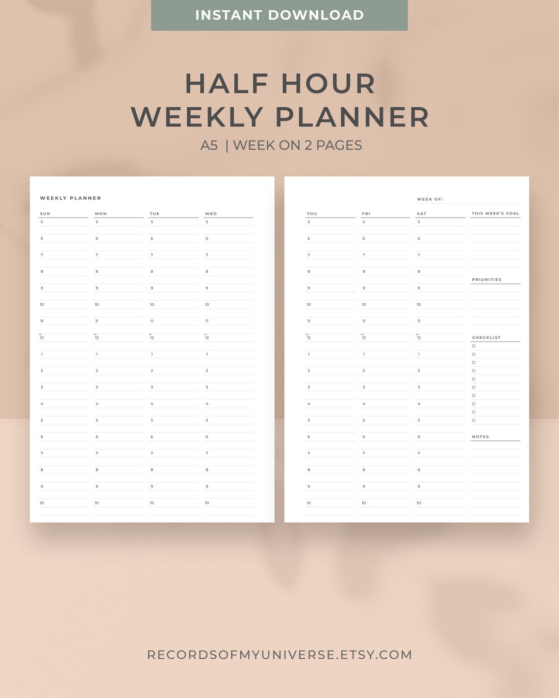 A5 Half Hour Weekly Schedule Planner Template Printable | Week on 2 ...