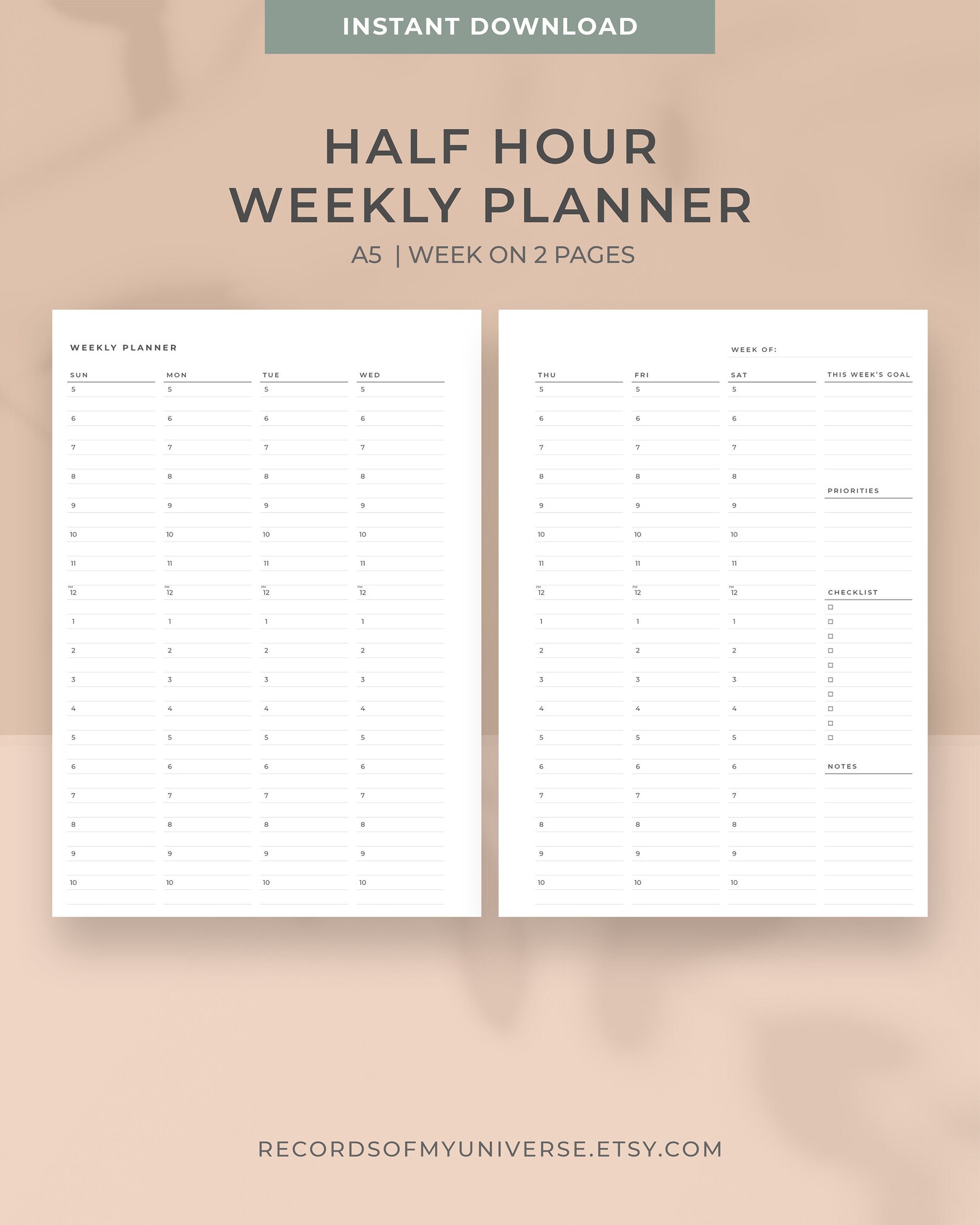 A5 Half Hour Weekly Schedule Planner Template Printable Week - Etsy