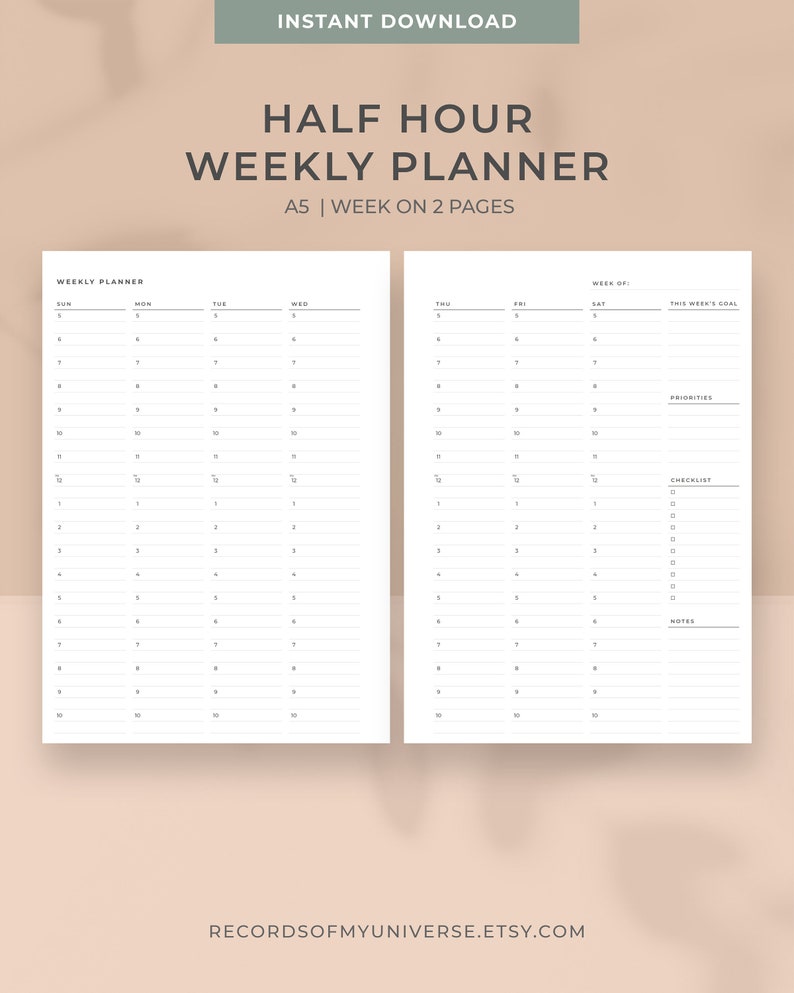 A5 Half Hour Weekly Schedule Planner Template Printable | Week on 2 ...