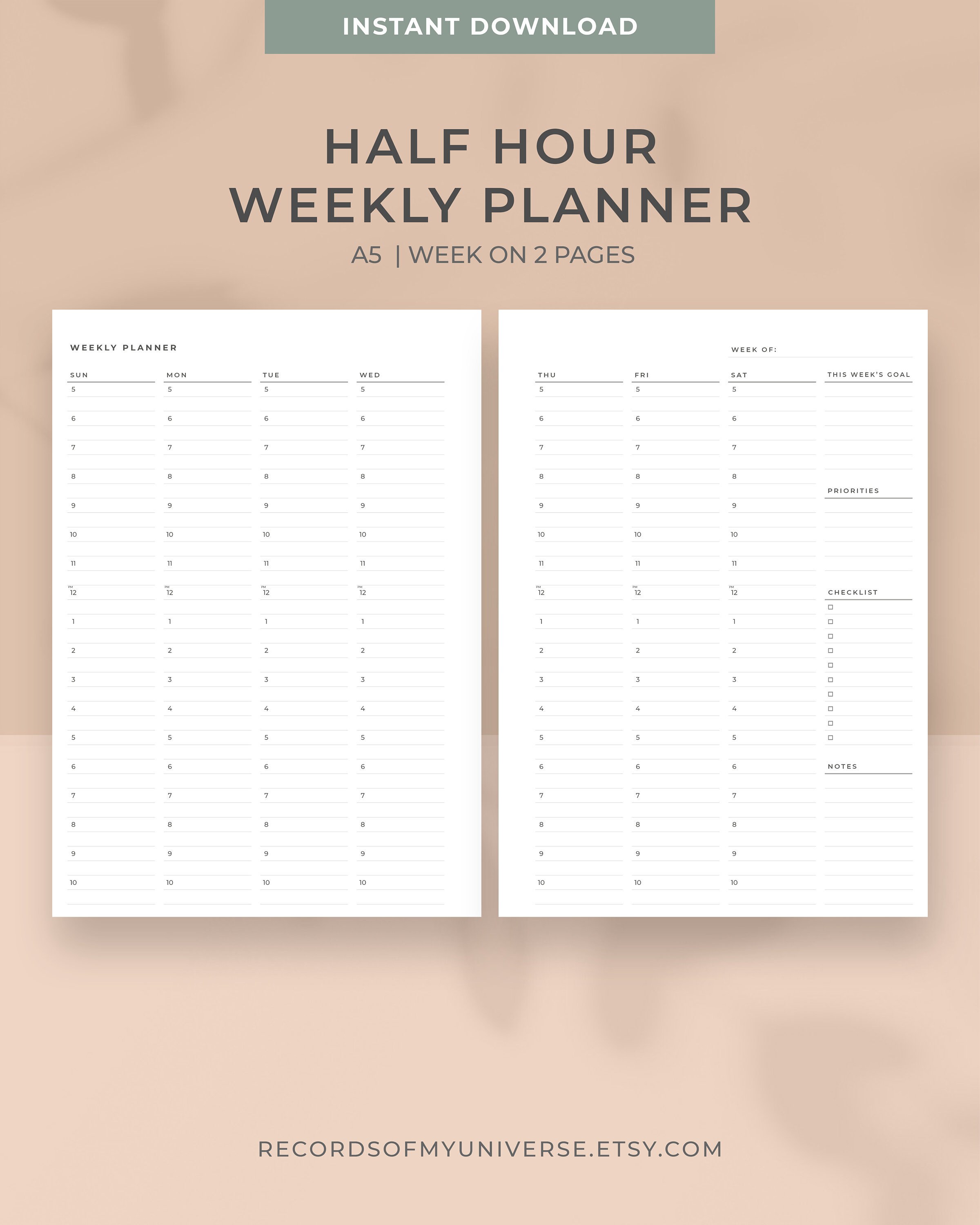 A5 Half Hour Weekly Schedule Planner Template Printable | Week on 2 ...