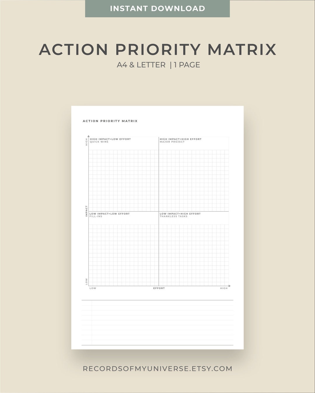 Printable & Editable A4, Letter Size Action Priority Matrix Template ...
