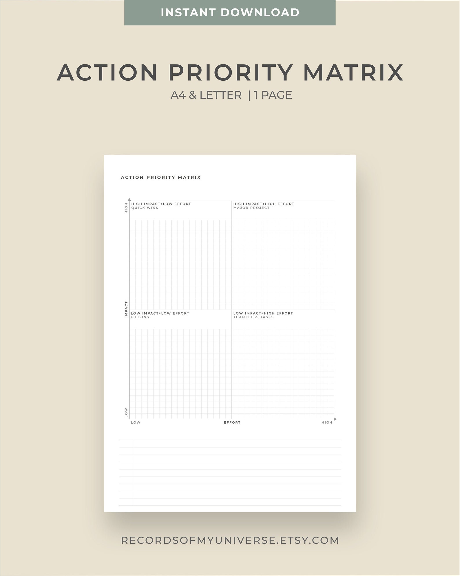 Printable & Editable A4, Letter Size Action Priority Matrix Template ...