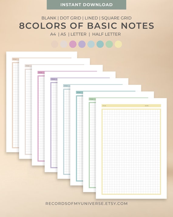 8 Pastel Colors of Printable Basic Notes A4 A5 Letterhalf | Etsy