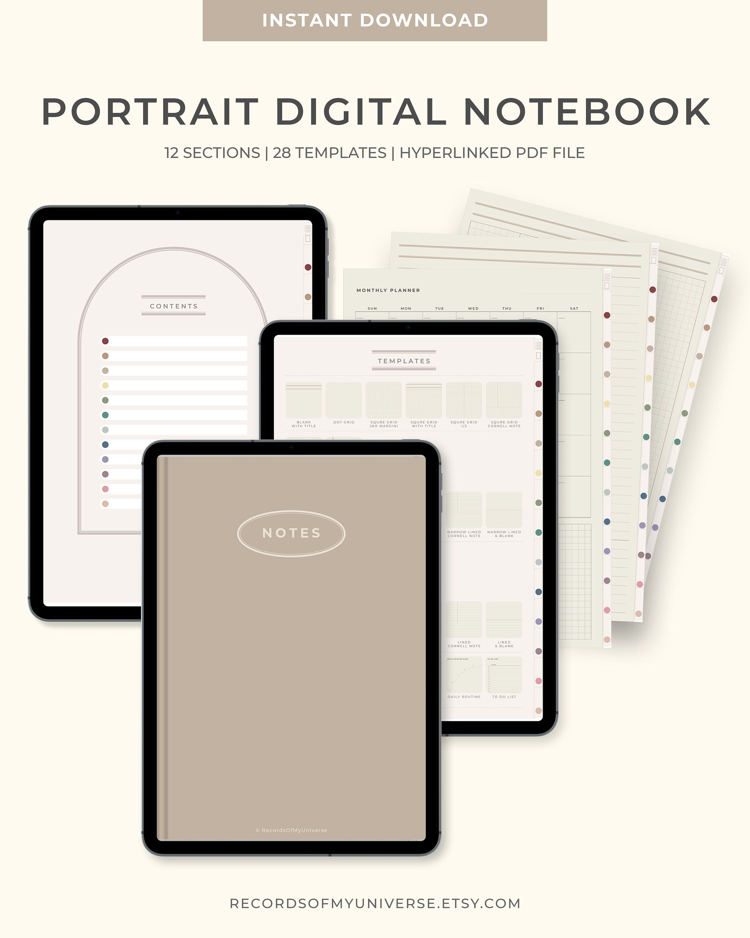12 Sections of Portrait Digital Notebook Template | Hyperlinked PDF ...